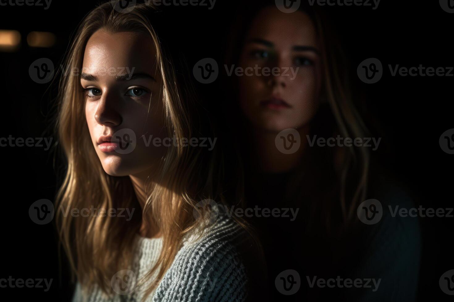 two young women looking at the camera in the dark generative AI ...