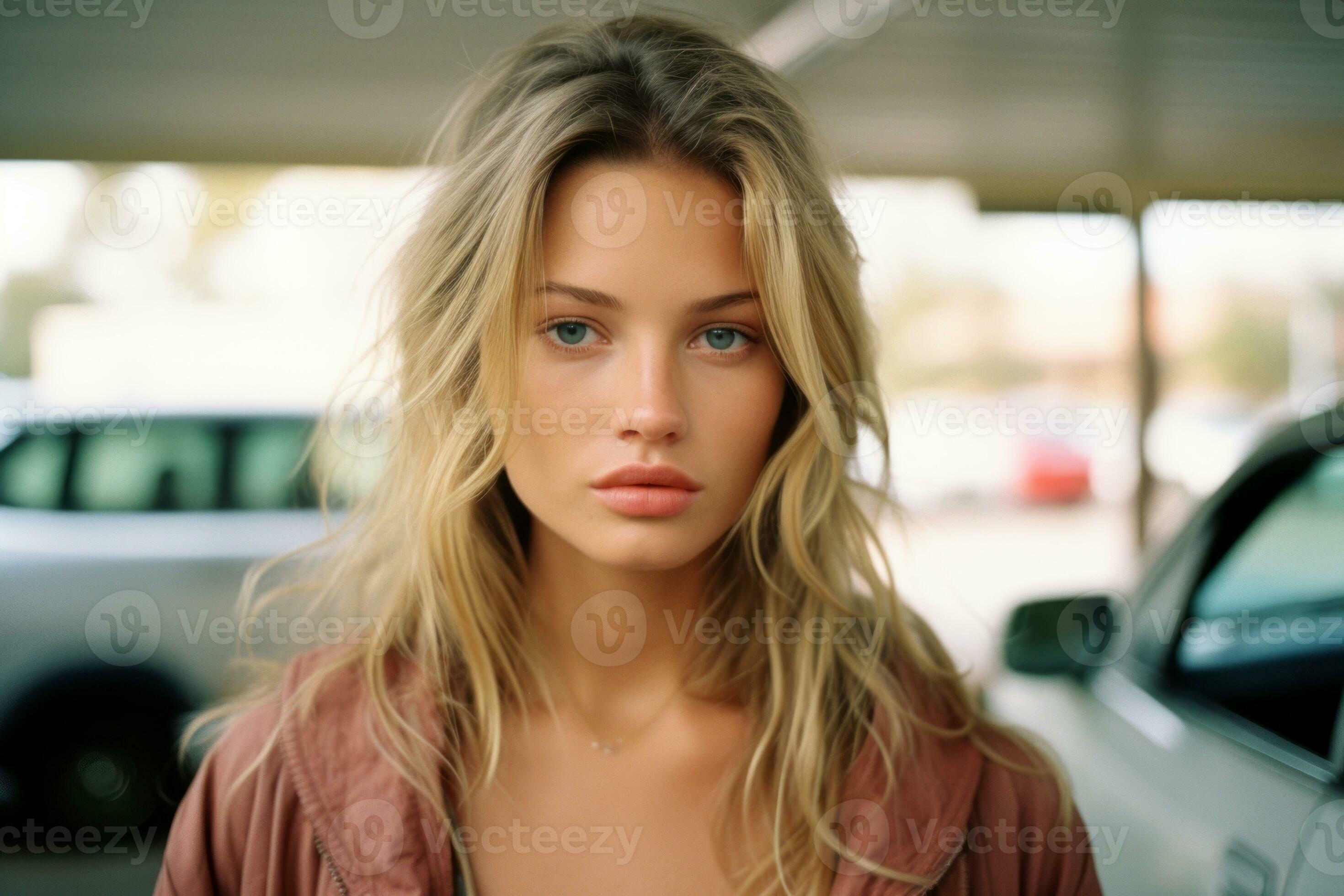 A Beautiful Blonde Woman With Blue Eyes Standing In Front Of A Car Generative Ai 28372265 Stock