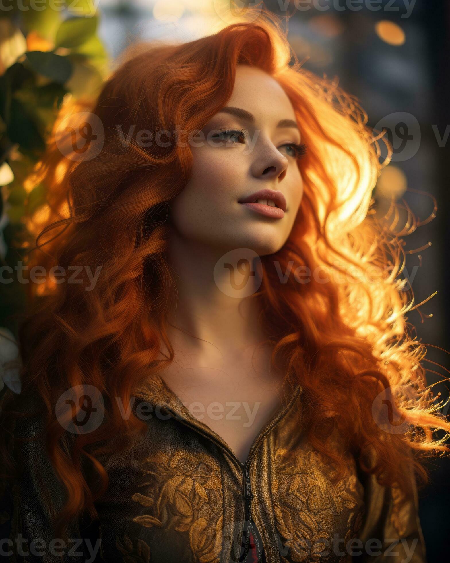 A Beautiful Red Haired Woman With Long Curly Hair Generative Ai