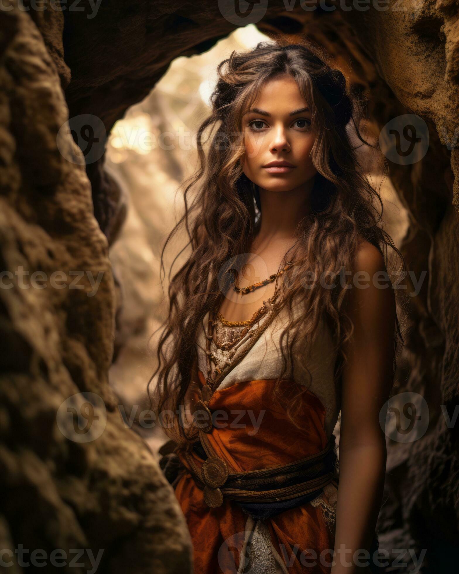 A Beautiful Woman In A Cave With Long Hair Generative Ai 28372392 Stock
