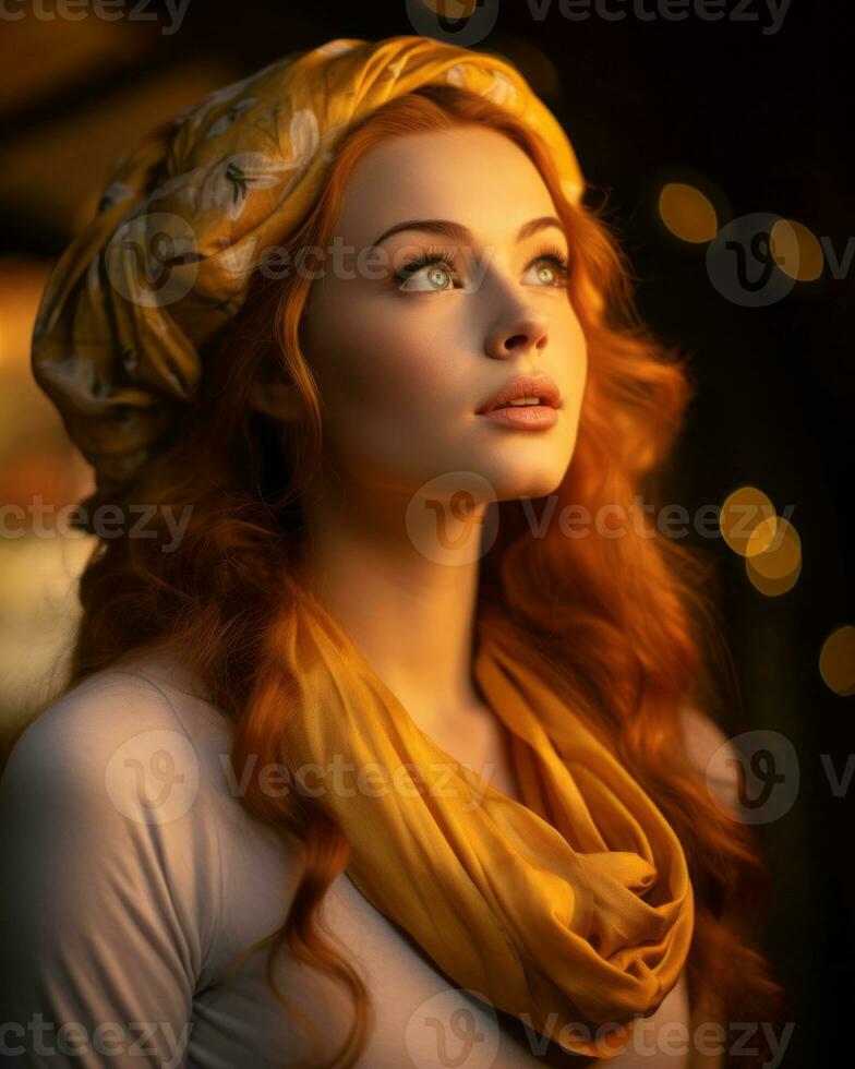 A Beautiful Woman With Long Red Hair Wearing A Yellow Head Scarf