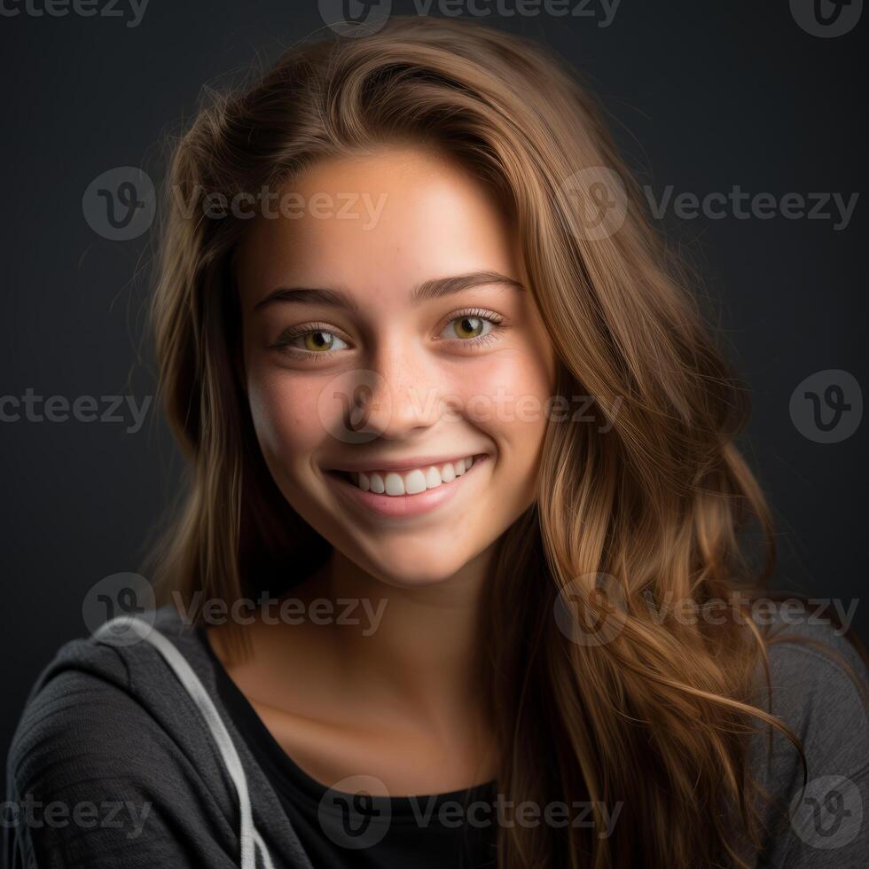 a beautiful young woman with long brown hair smiling generative ai ...