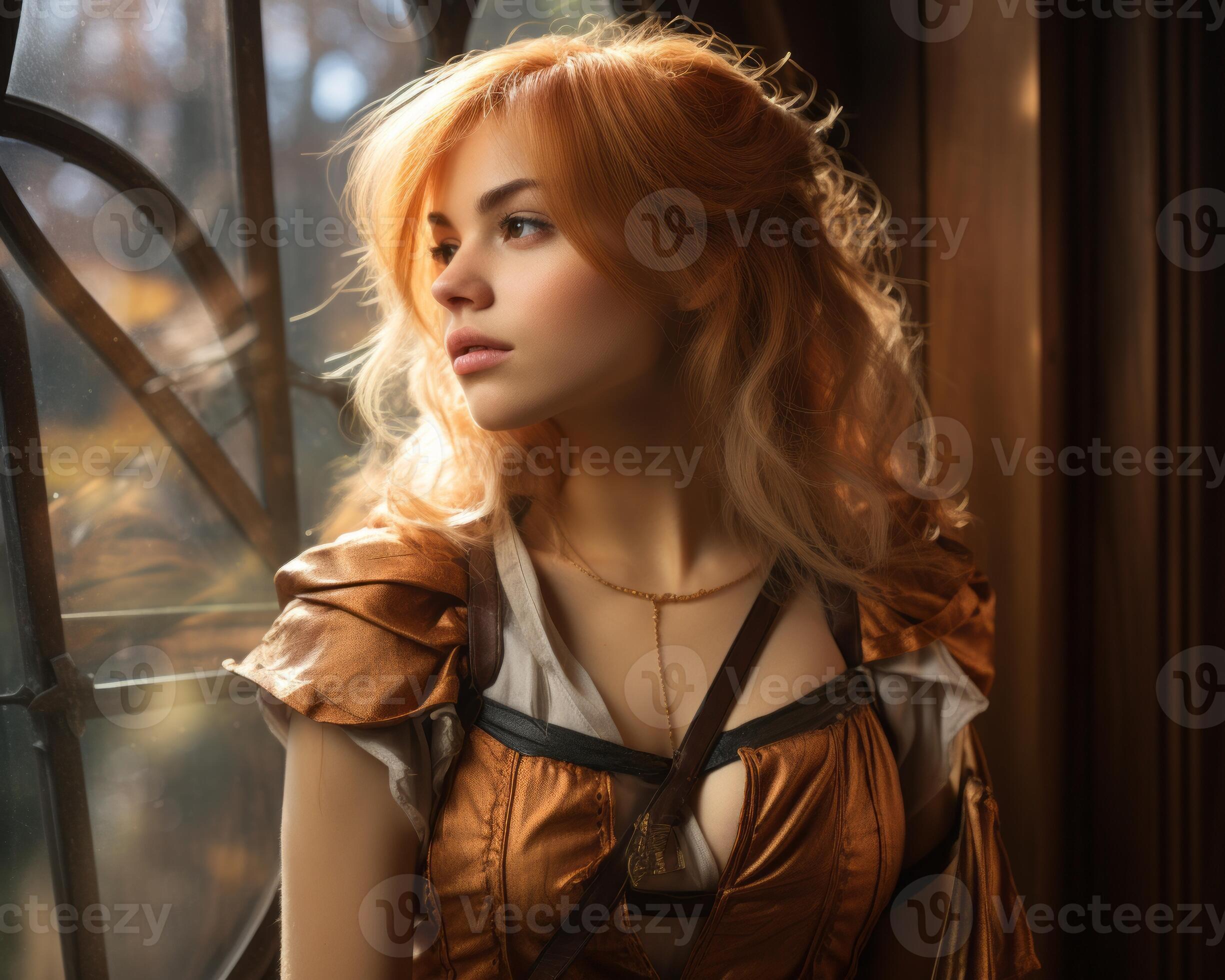 a beautiful young woman with red hair posing in front of a window generative ai 28373170 Stock ...