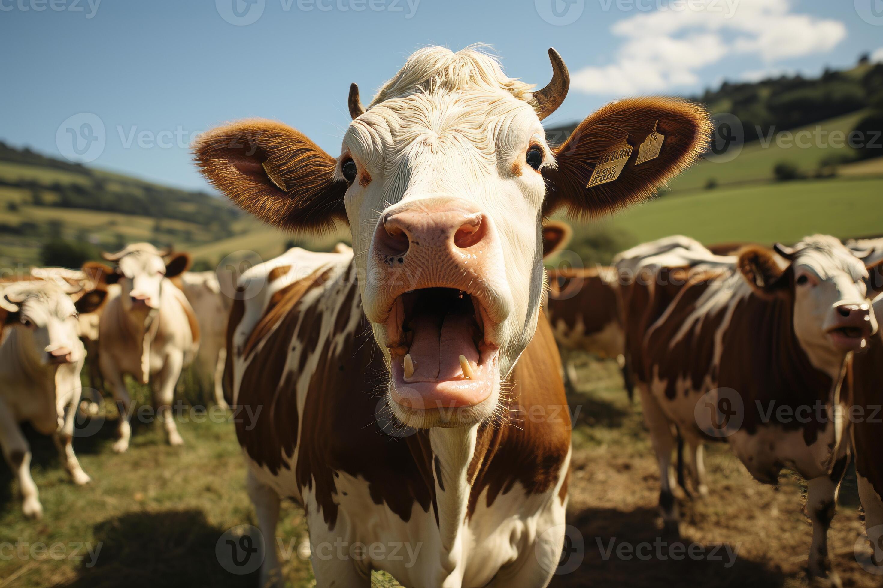 a brown and white cow with its mouth open generative ai 28373618 Stock Photo at Vecteezy