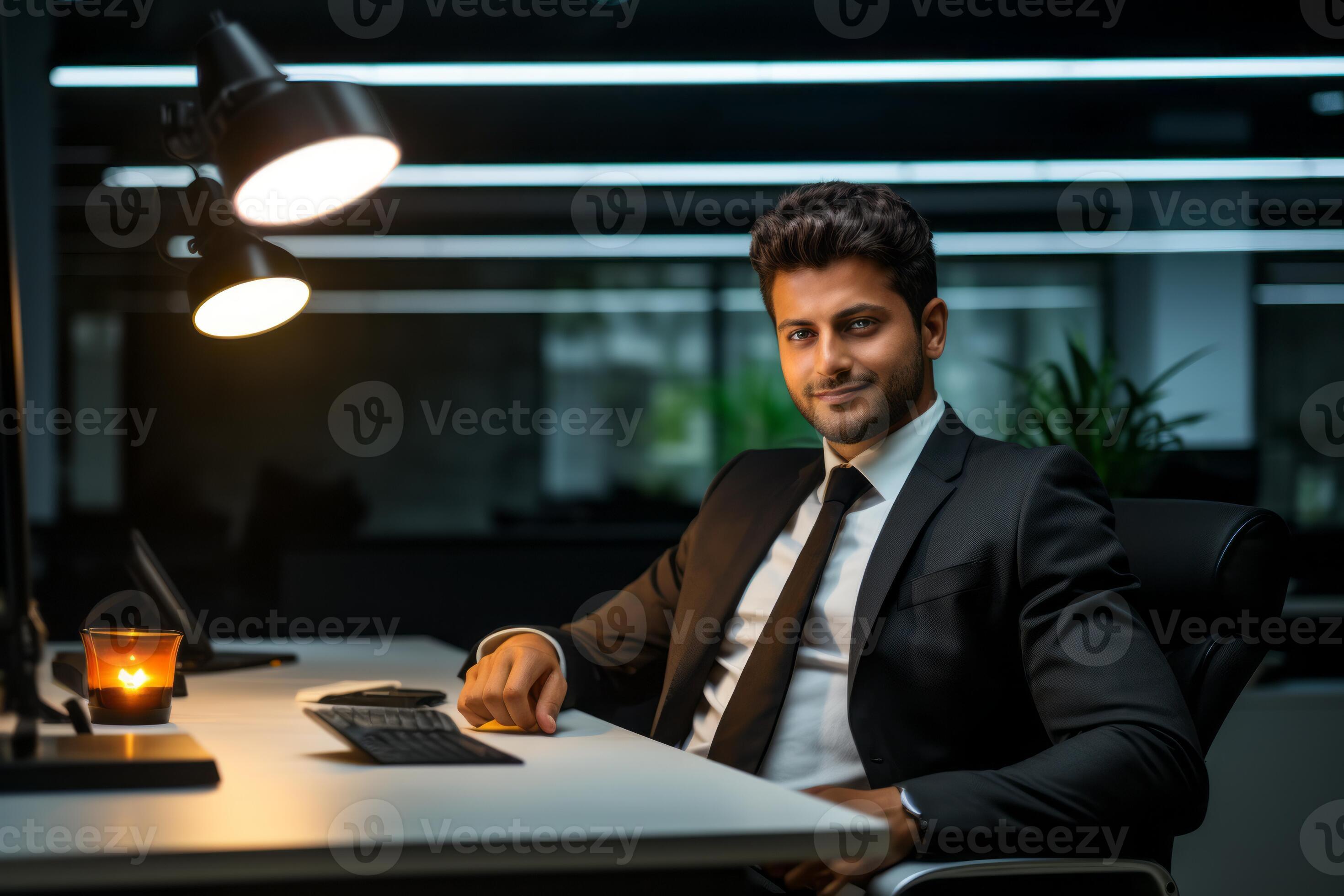 a man in a suit sitting at a desk in front of a computer generative ai ...