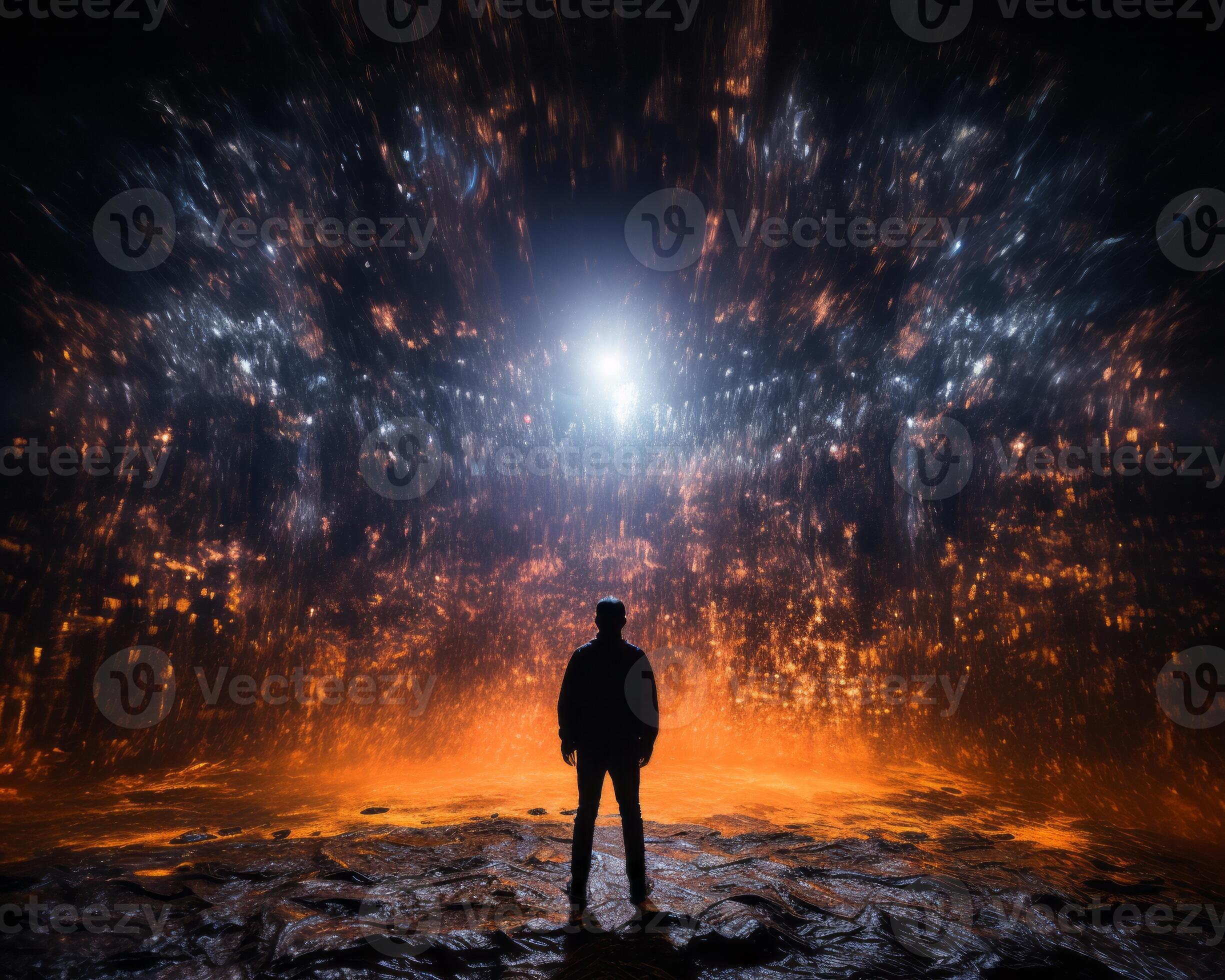 a man standing in the middle of a dark tunnel with a bright light coming out of it generative ai ...