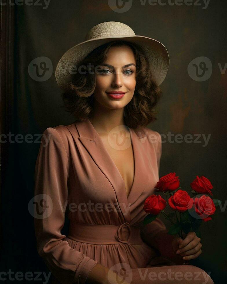 A Woman In A Hat And Dress Holding Red Roses Generative Ai 28378248