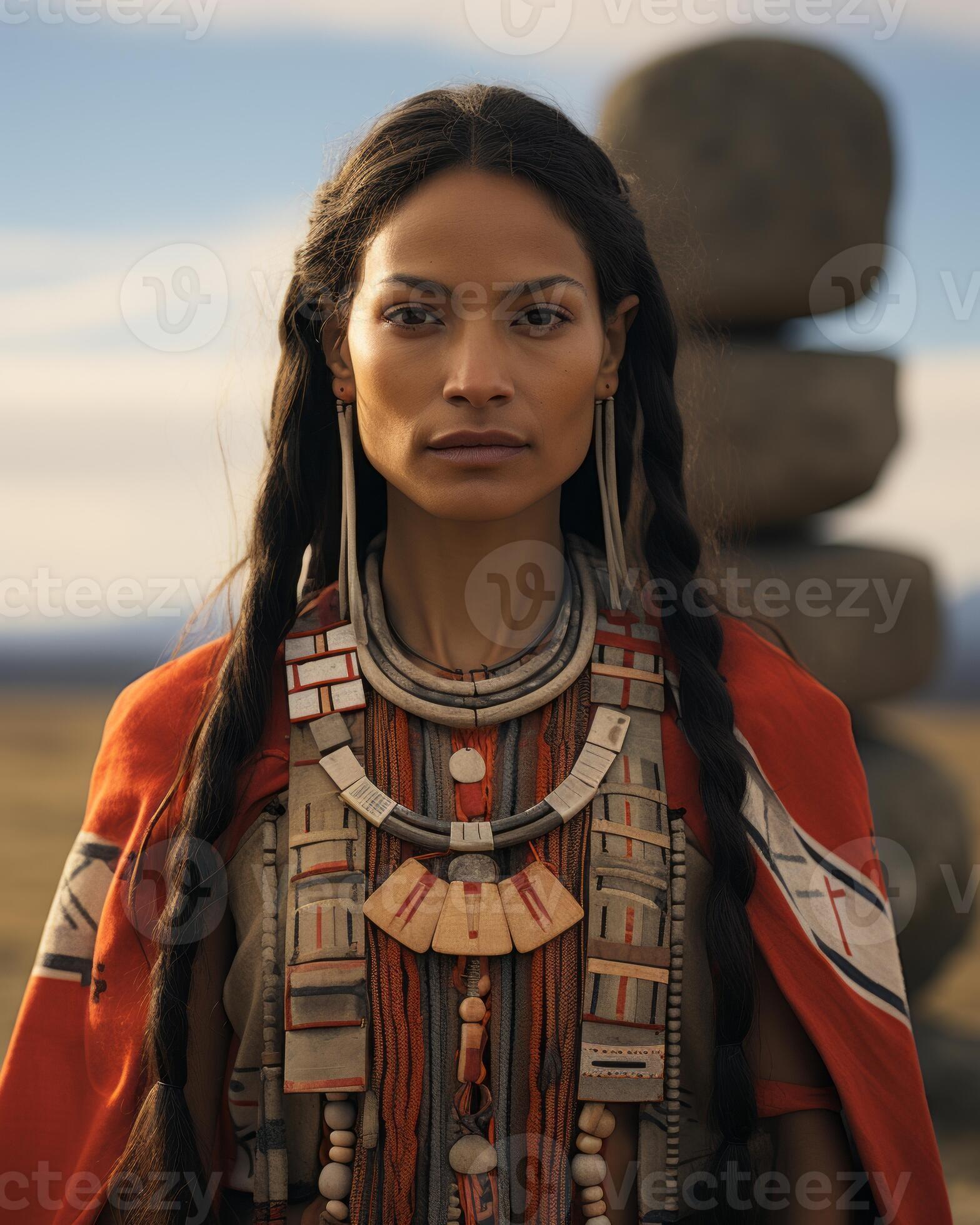 a woman in native american clothing stands in front of a rock ...