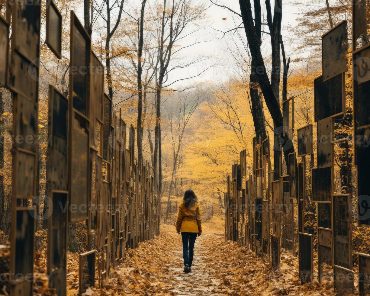 a woman walking down a path in the middle of a forest generative ai 28381342 Stock Photo at Vecteezy