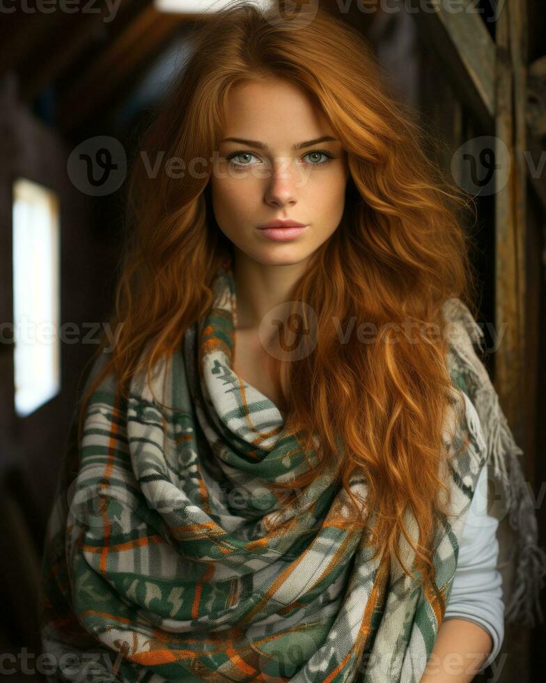 A Woman With Long Red Hair Wearing A Scarf Generative Ai 28382747 Stock