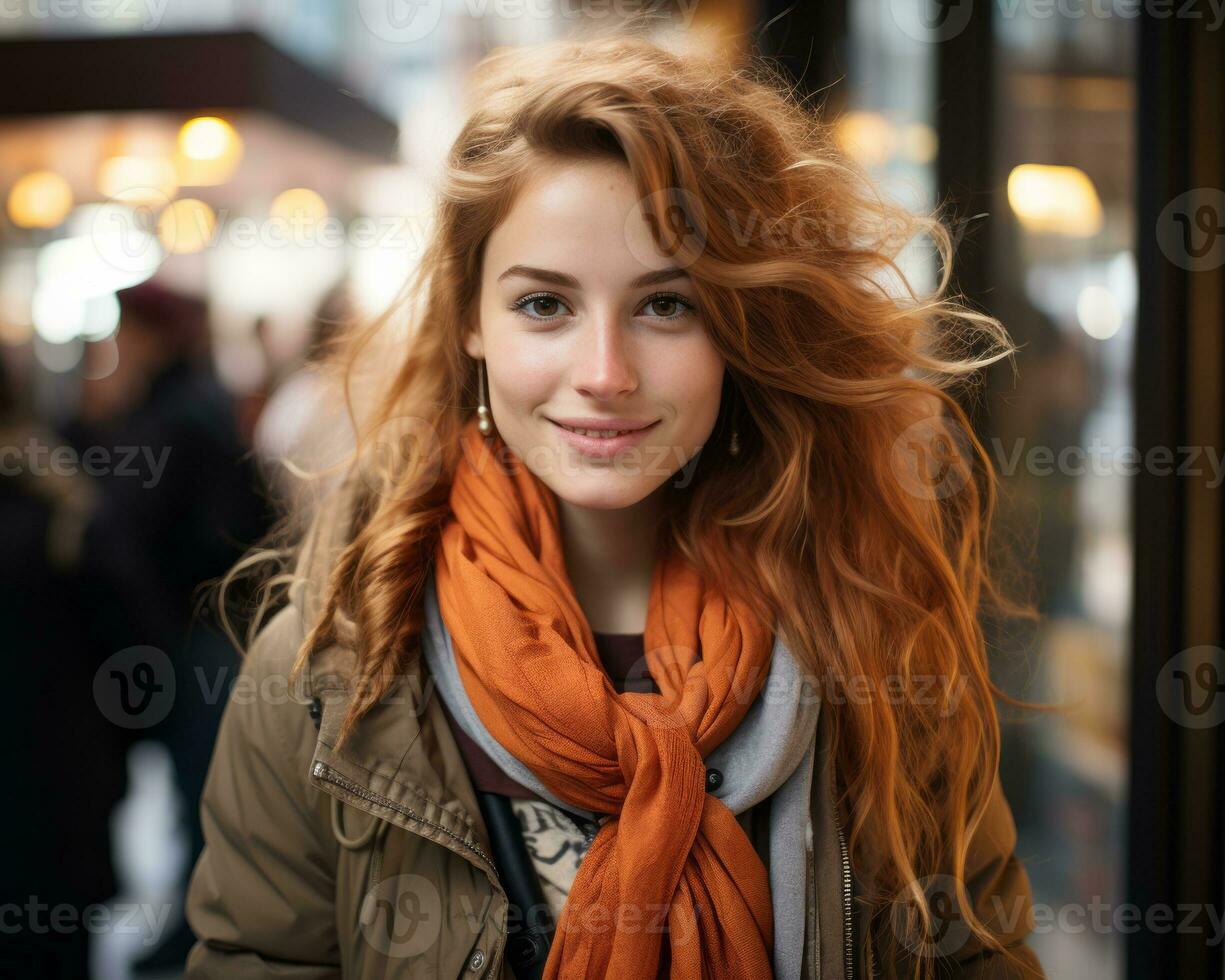 A Woman With Long Red Hair Wearing An Orange Scarf Generative Ai