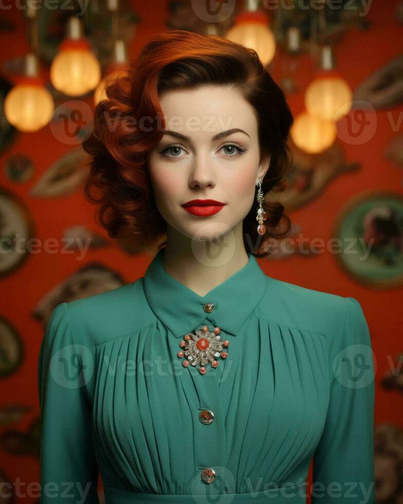 A Woman With Red Hair Wearing A Blue Dress Generative Ai 28383413 Stock