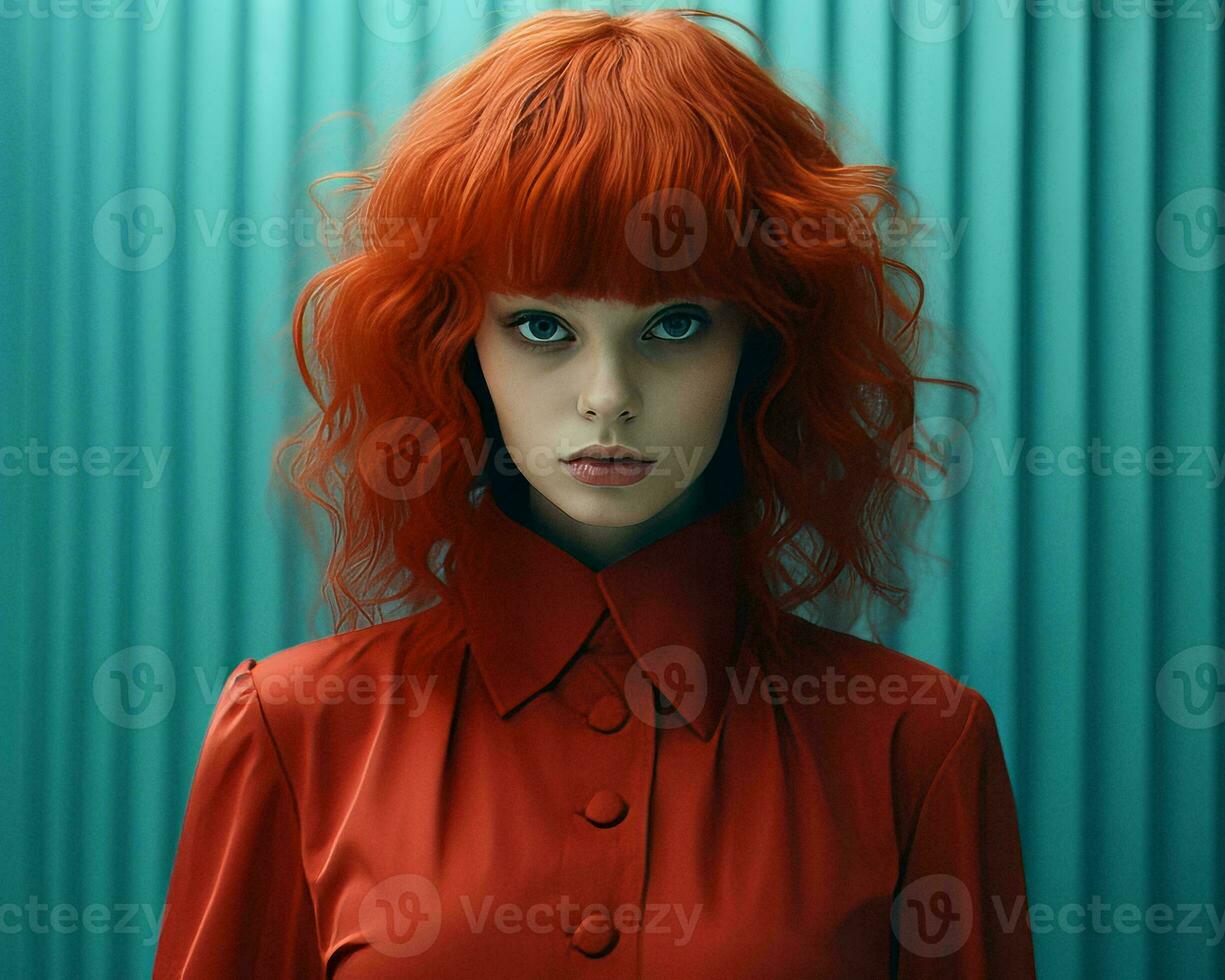 A Woman With Red Hair Wearing A Red Shirt Generative Ai 28383437 Stock