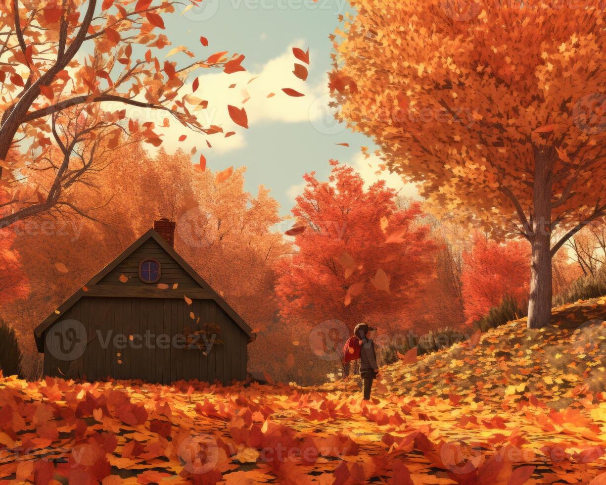 an animated scene of a house surrounded by fall leaves generative ai ...
