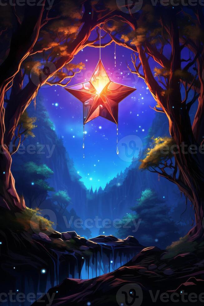 an illustration of a star hanging from a tree in the forest generative ...