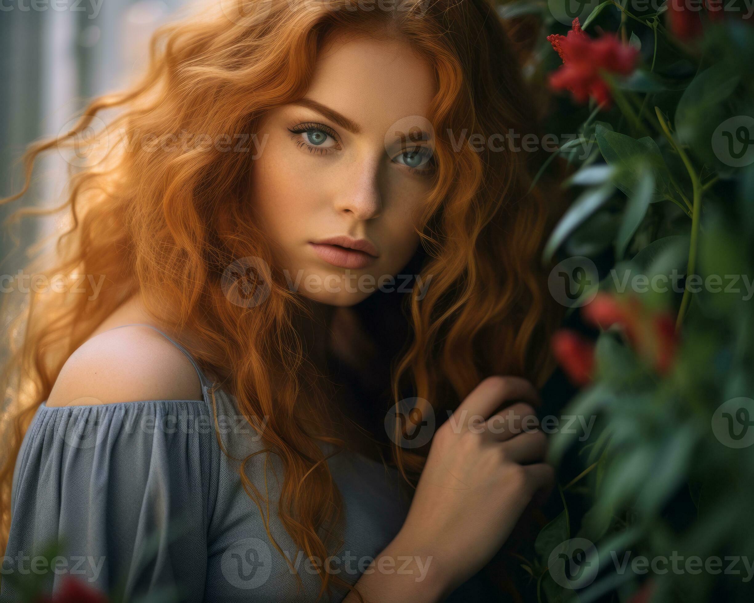 Beautiful Red Haired Woman With Blue Eyes And Long Red Hair Generative