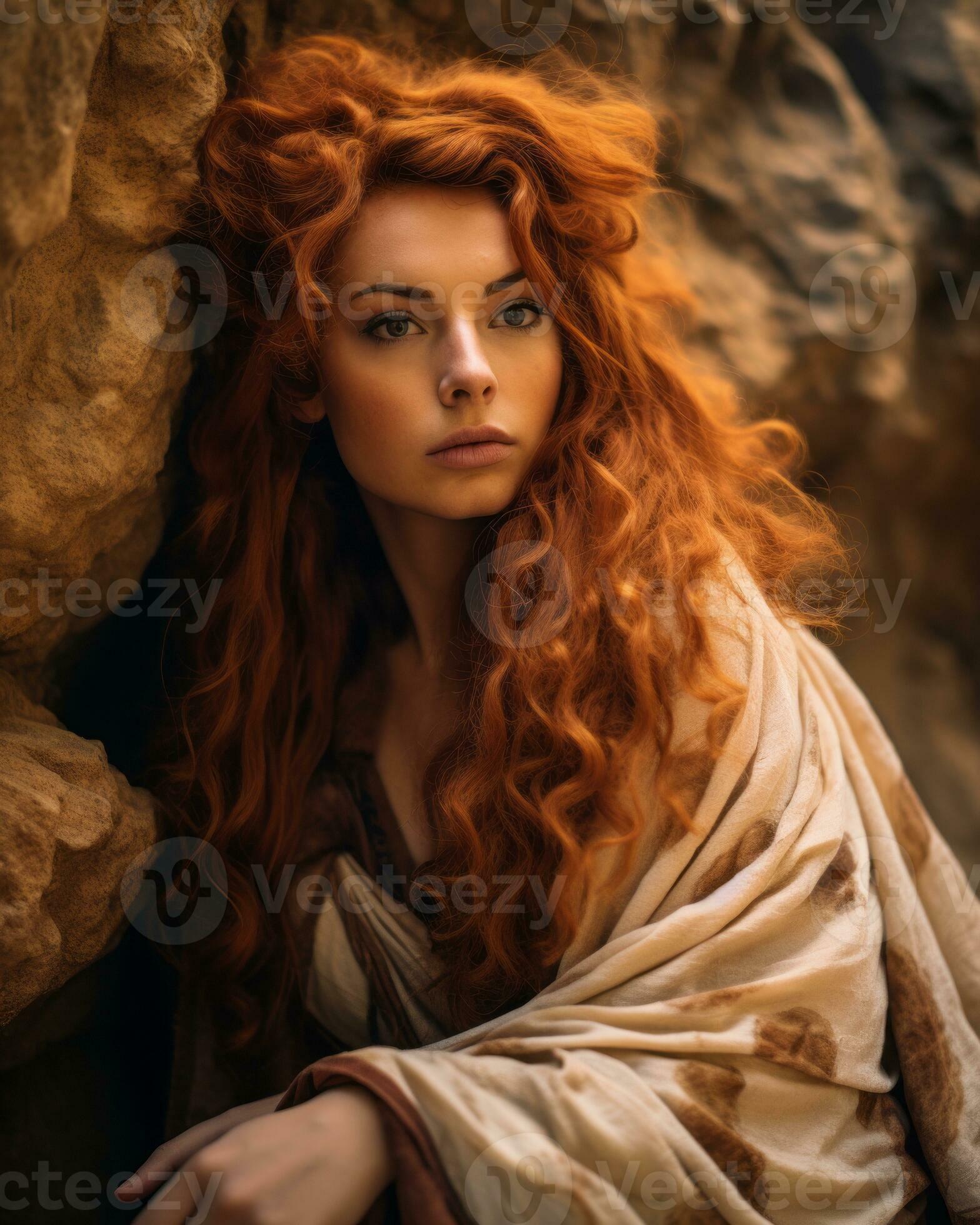 Beautiful Red Haired Woman With Long Red Hair Posing In Front Of Rocks
