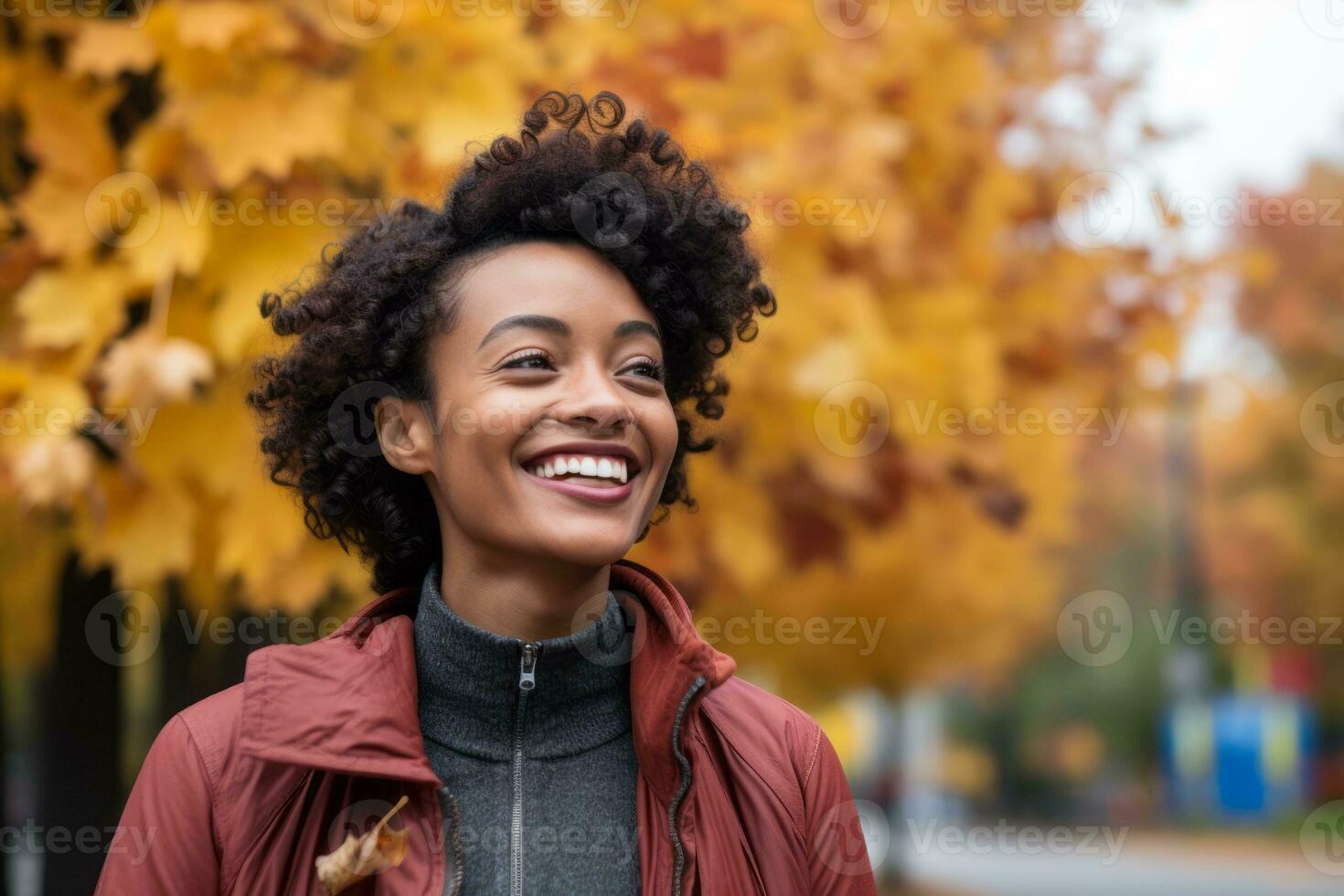 Smiling African American Woman In Autumn Park Generative Ai 28389031
