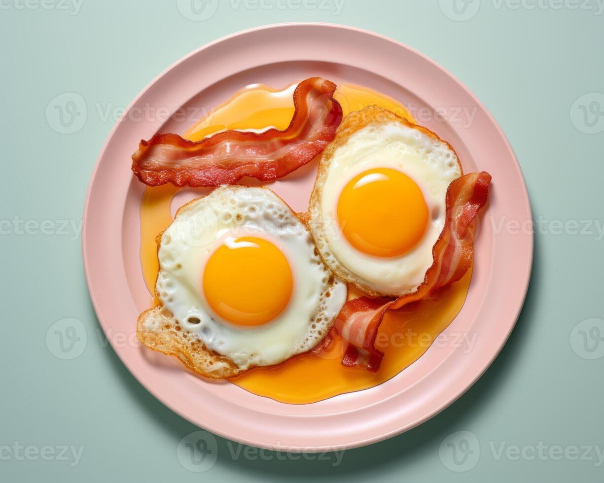 two fried eggs and bacon on a pink plate generative ai 28389577 Stock Photo at Vecteezy
