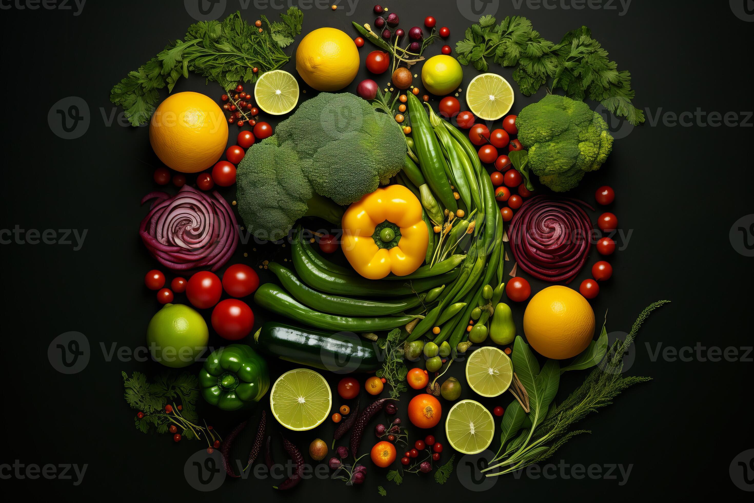 vegetables arranged in the shape of a circle on a black background generative ai 28389703 Stock ...