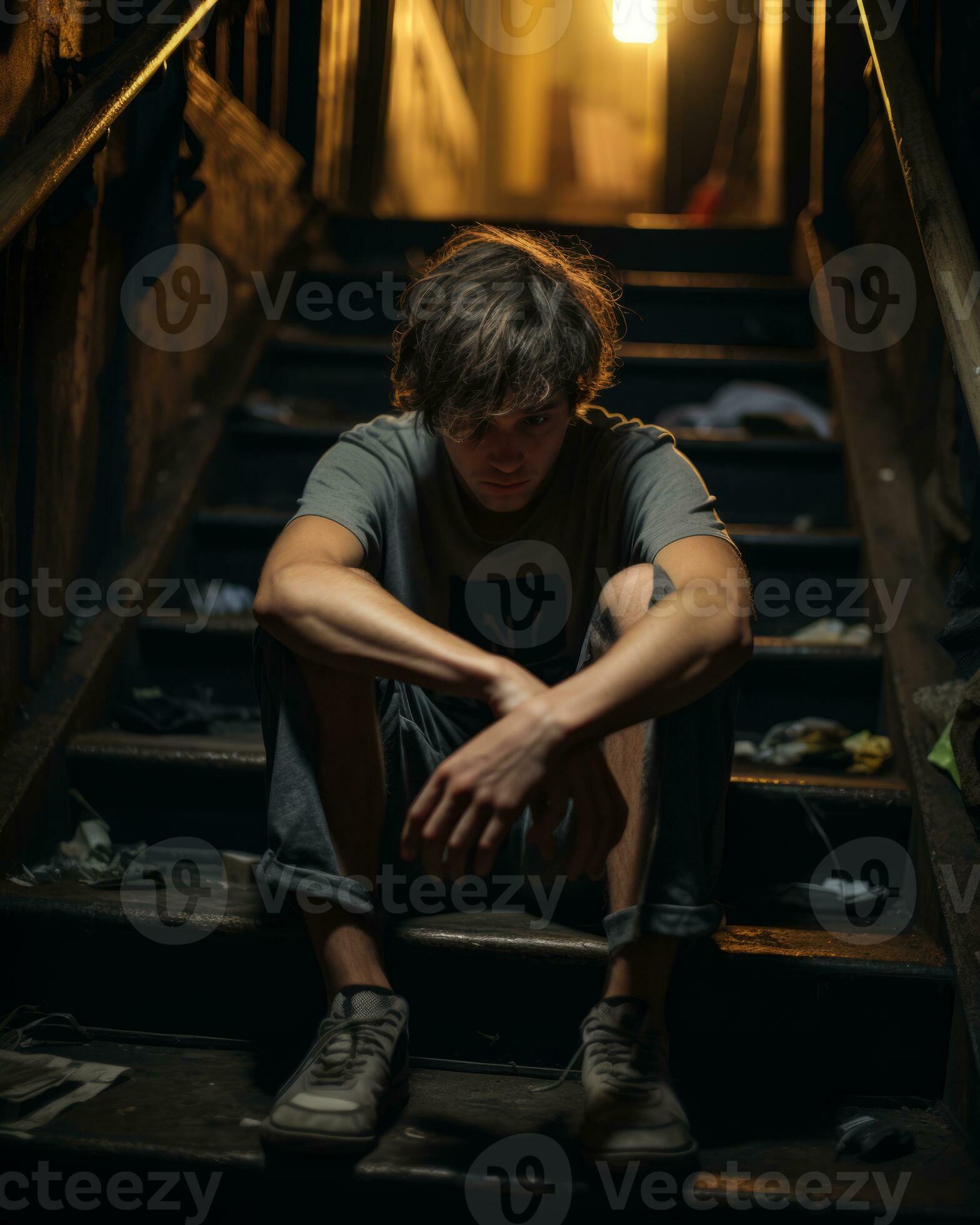 A Young Man Sitting On The Stairs In A Dark Room Generative Ai 28390331