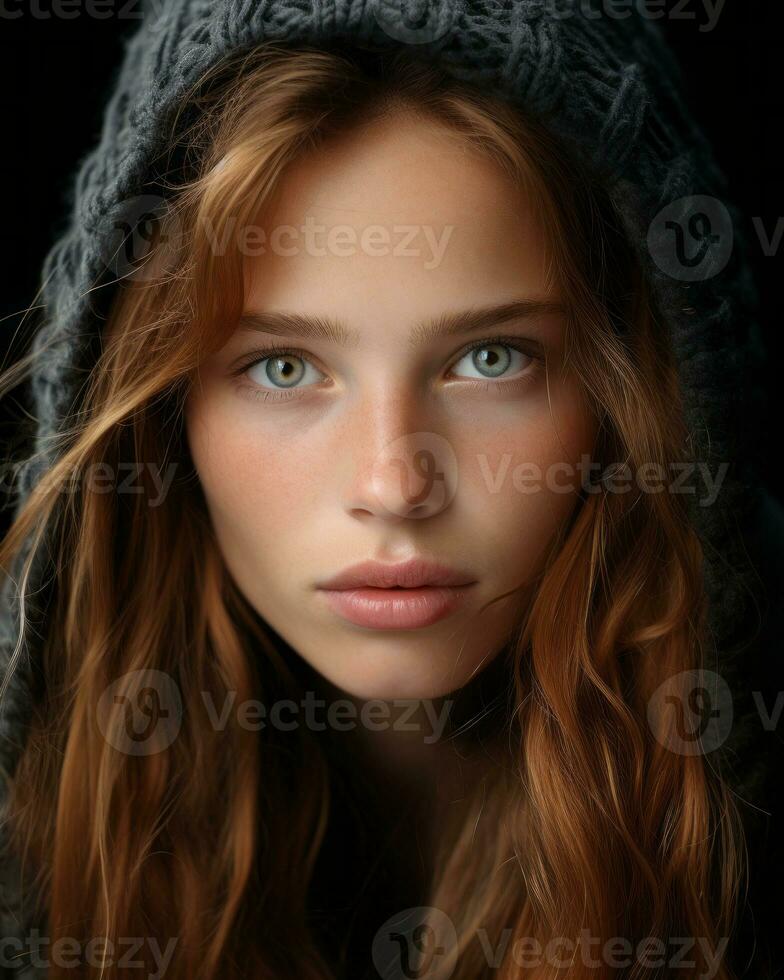 Portrait Of A Beautiful Redhead Girl With Blue Eyes On Black Background Generative Ai 28390432