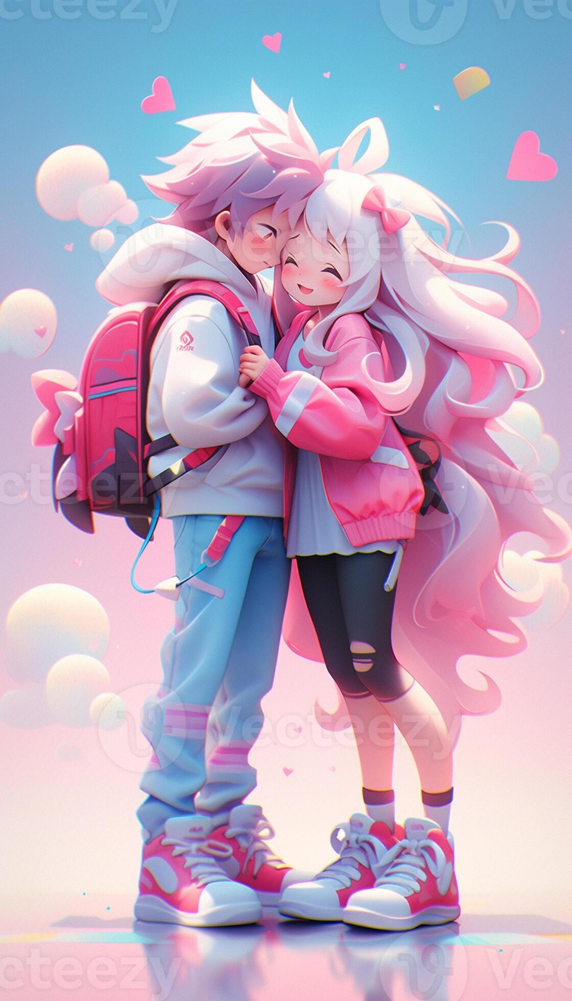 Anime Couple Hugging Each Other With Hearts Floating Around Them Generative Ai 28390947 Stock