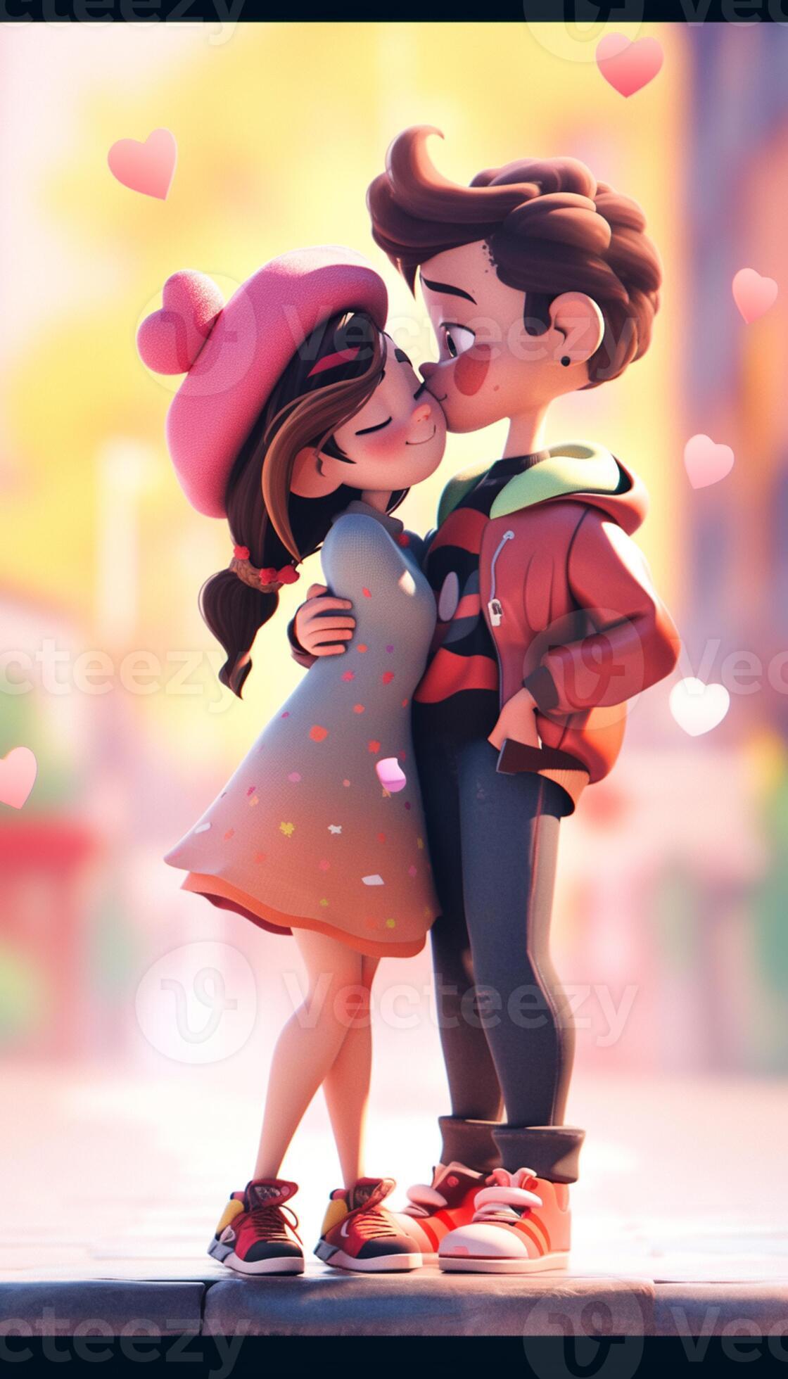 Cartoon Couple Kissing In The Street With Hearts Flying Around Generative Ai 28391850 Stock
