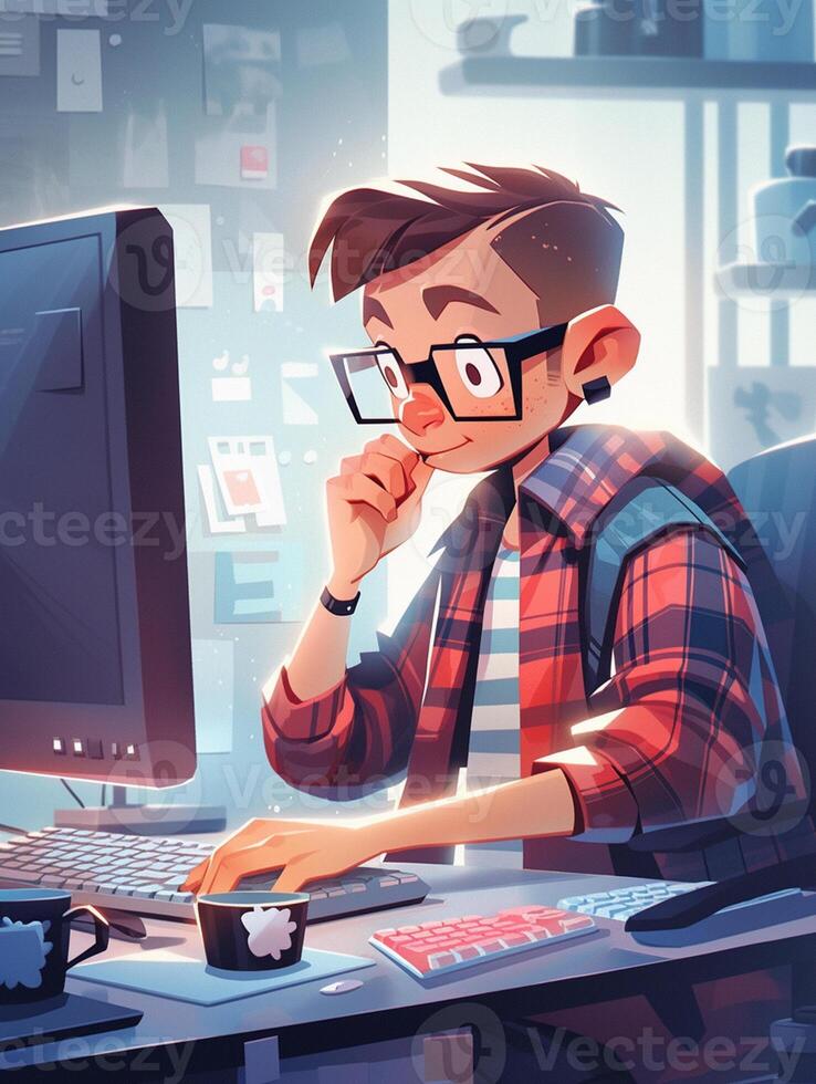 cartoon man sitting at a desk with a computer and a keyboard ...