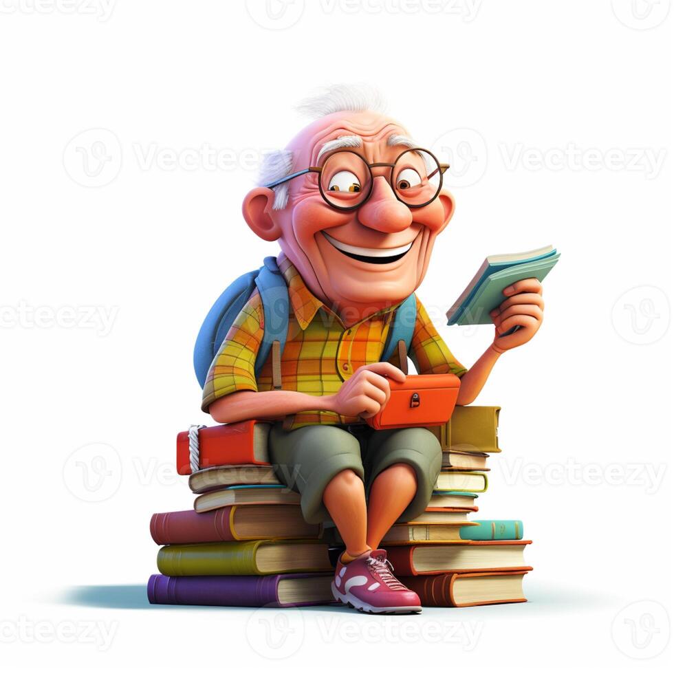 Cartoon Old Man Sitting On A Pile Of Books Reading A Book Generative