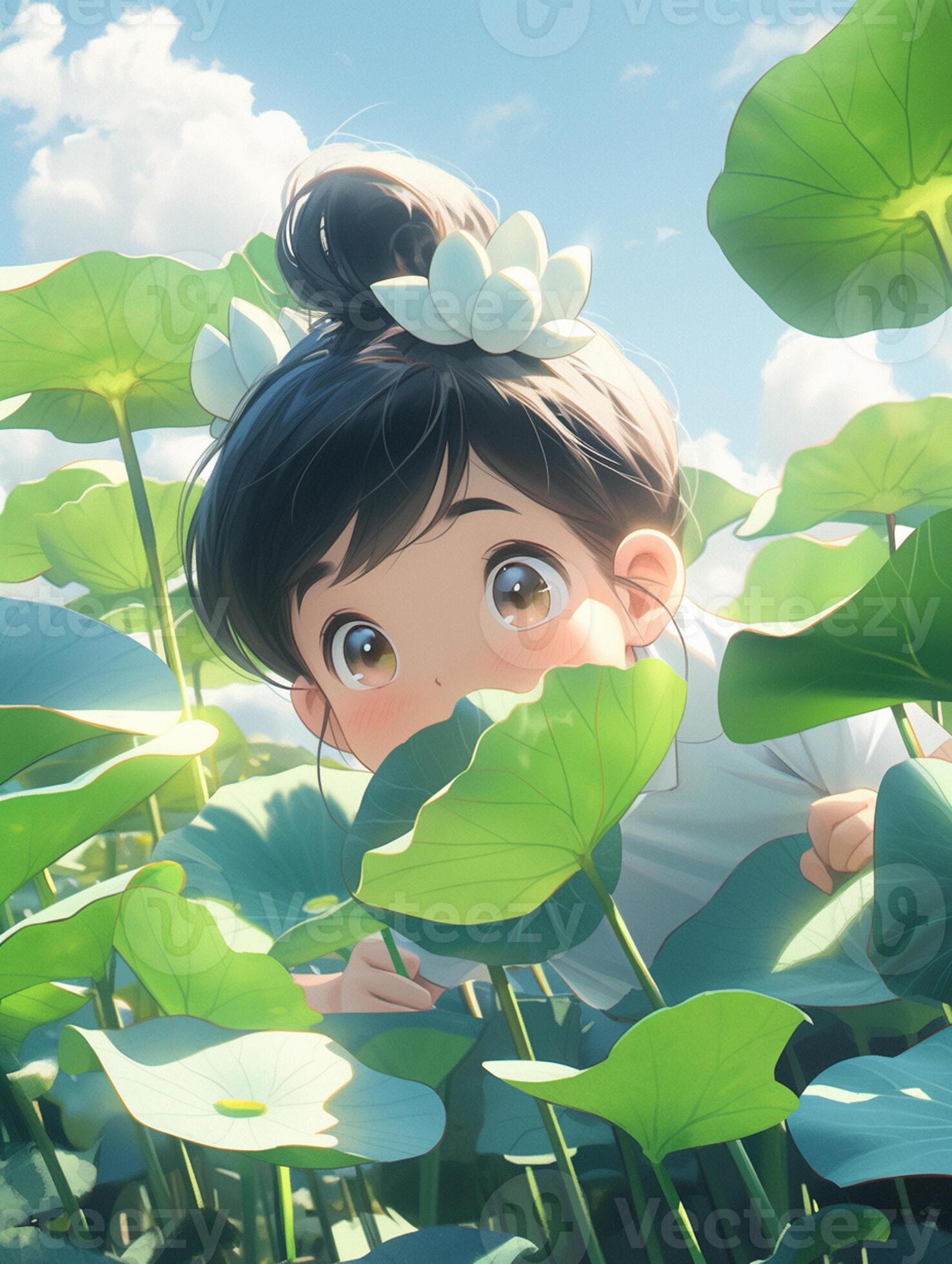 Anime Girl Hiding Behind A Large Leafy Plant With A Blue Sky In The Background Generative Ai