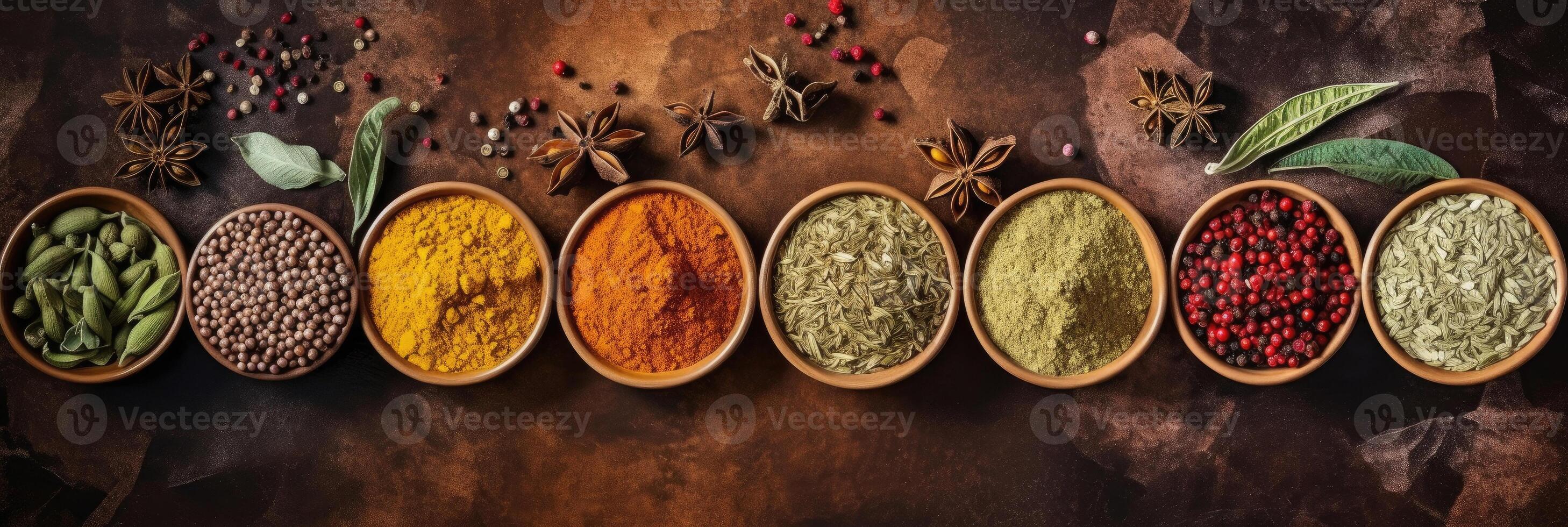 Top view of Colourful background from various herbs and spices for cooking in bowls. Generative ...
