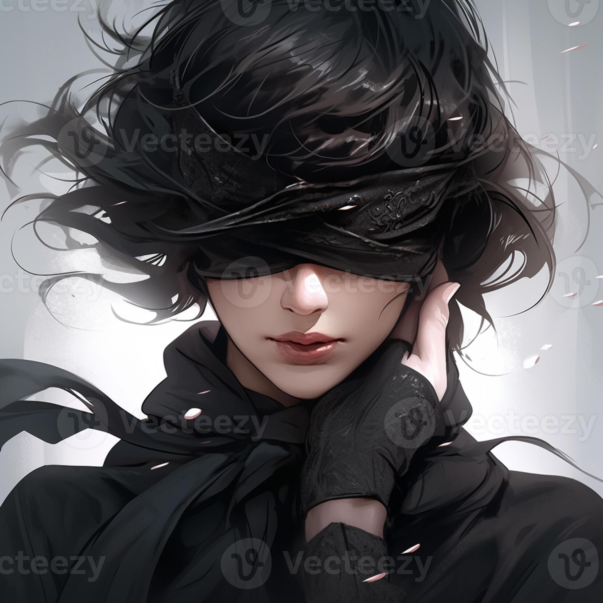 Anime Girl With Black Hair And A Blindfold Covering Her Eyes