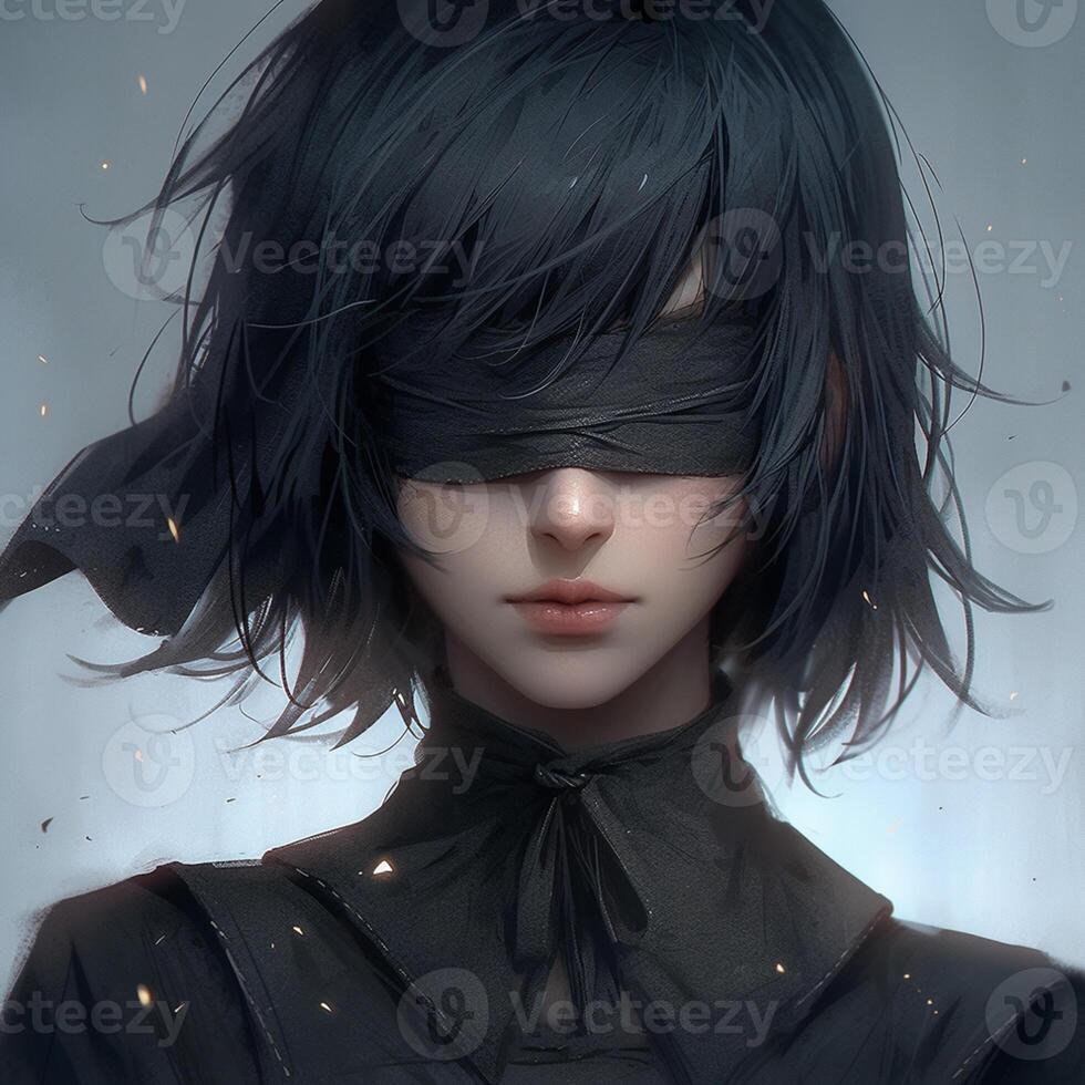 Anime Girl With Blindfolded Eyes And Black Hair In A Dark Room