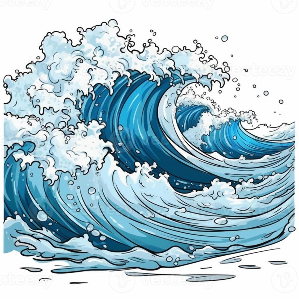 a cartoon drawing of a big wave crashing on the beach. generative ai ...