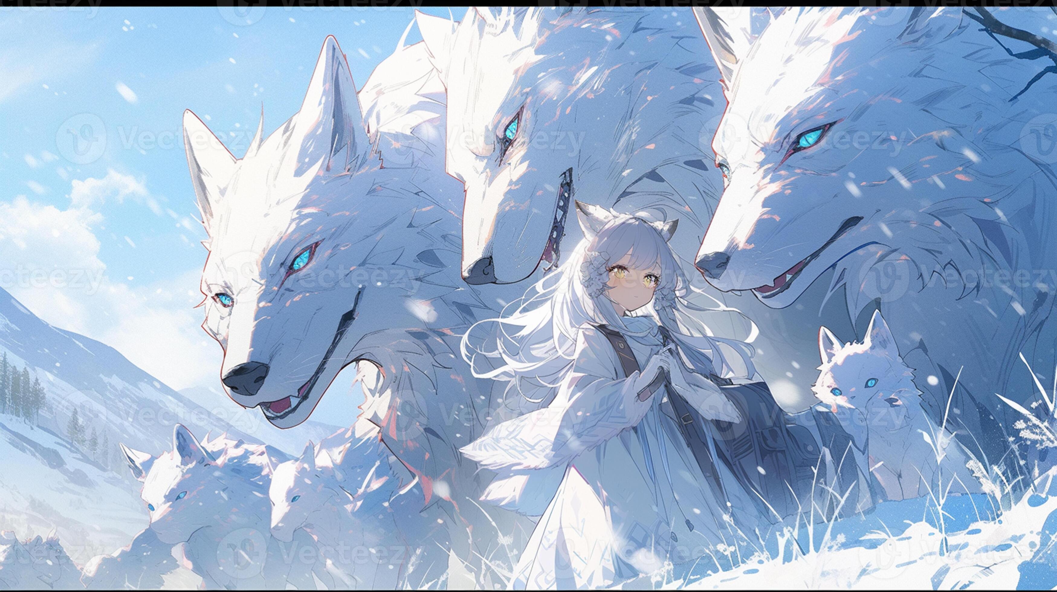 White Anime Wolf With Blue Eyes