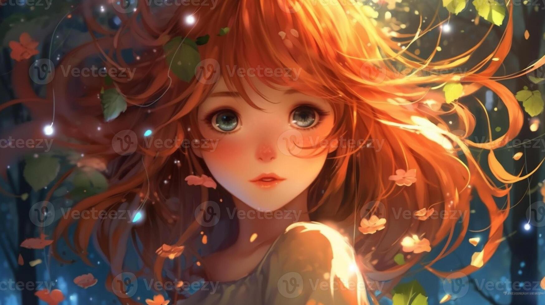 Anime Girl Orange Hair Blue Eyes