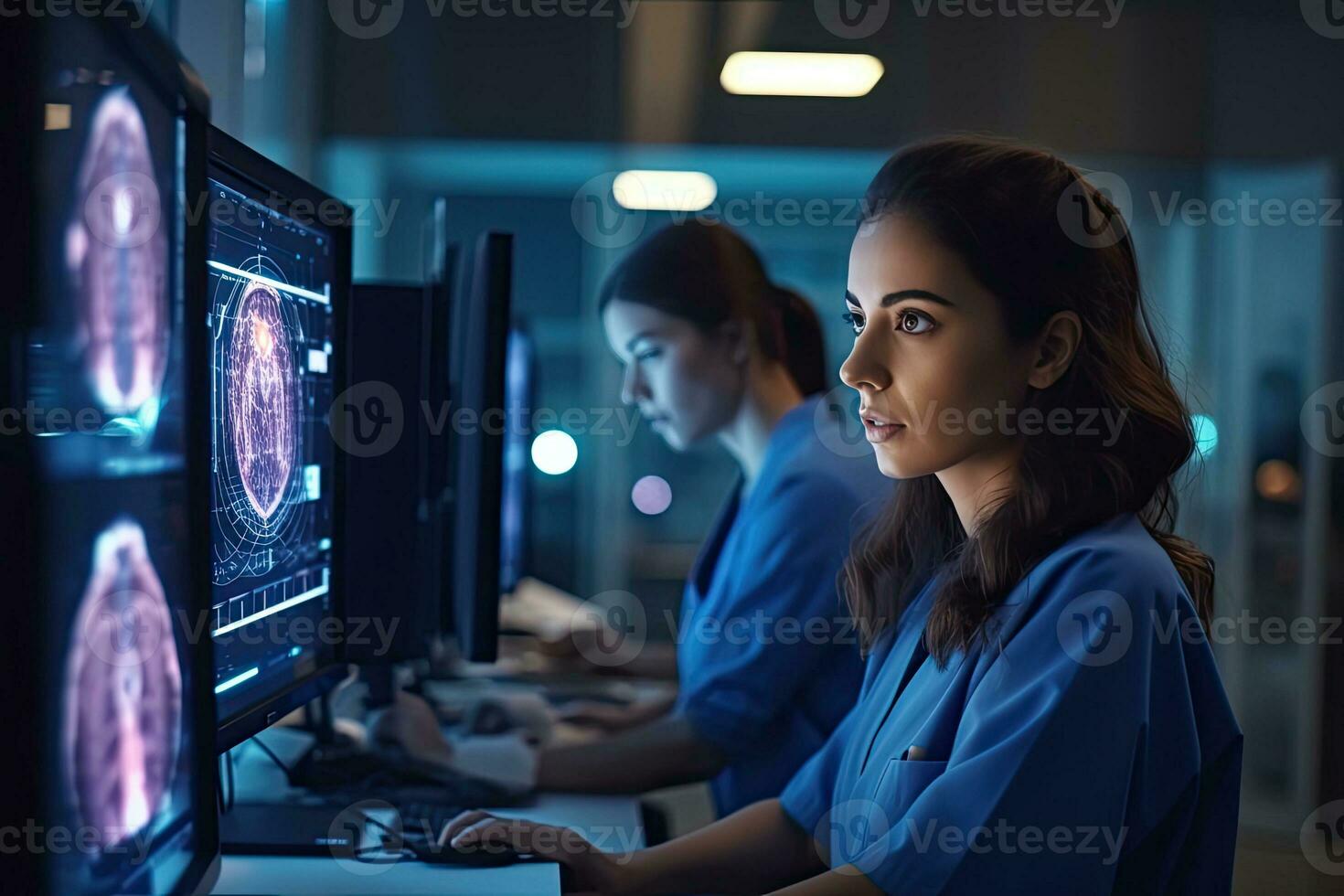 médico hembra de profesional científicos trabajando monitores demostración Connecticut, mri ...