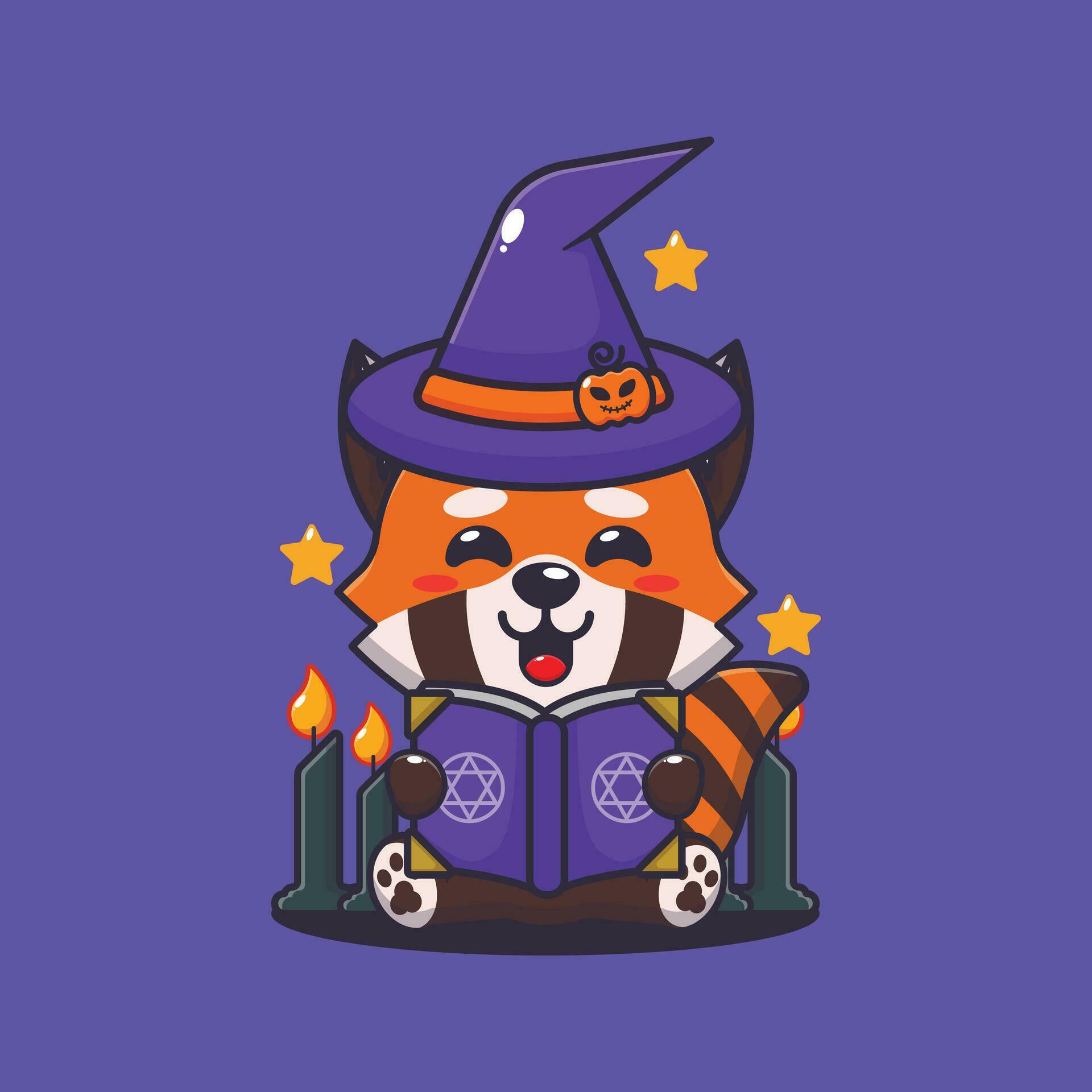 witch red panda reading spell book. Cute halloween cartoon illustration ...