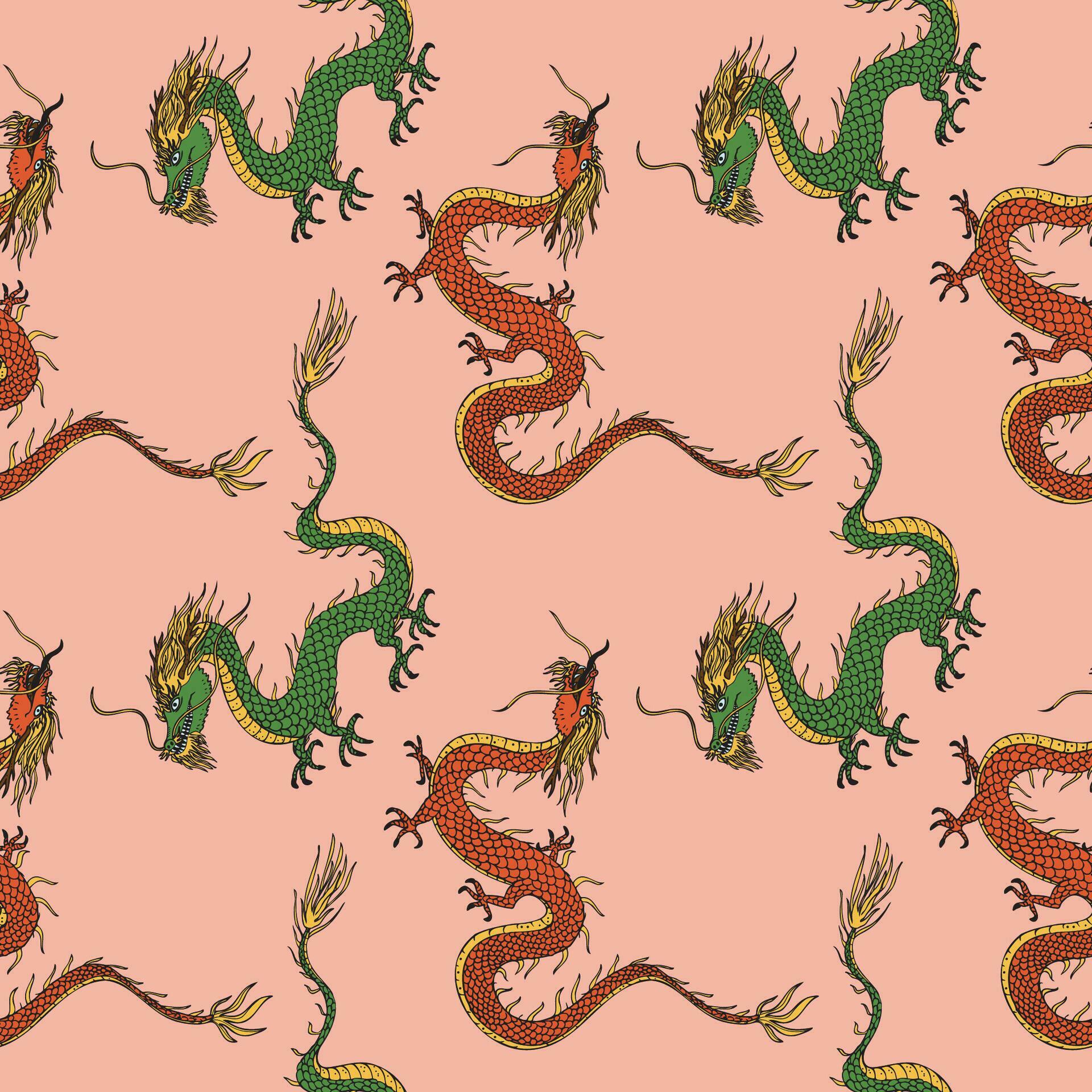 Dragons seamless pattern repeating background east ornament. Hand drawn ... Dragons seamless pattern repeating background east ornament. Hand drawn ...