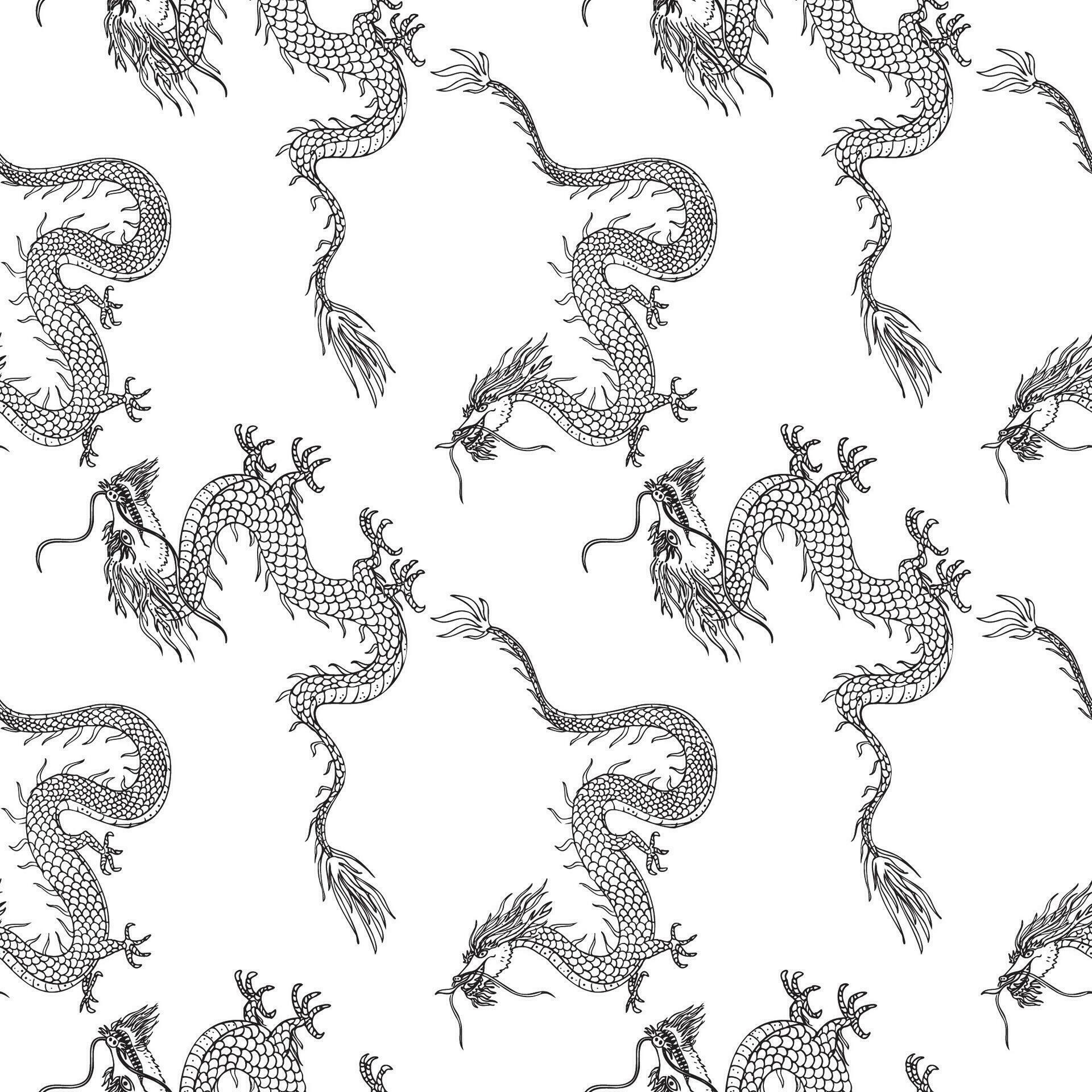 Dragons seamless pattern repeating background east ornament. Hand drawn ... Dragons seamless pattern repeating background east ornament. Hand drawn ...