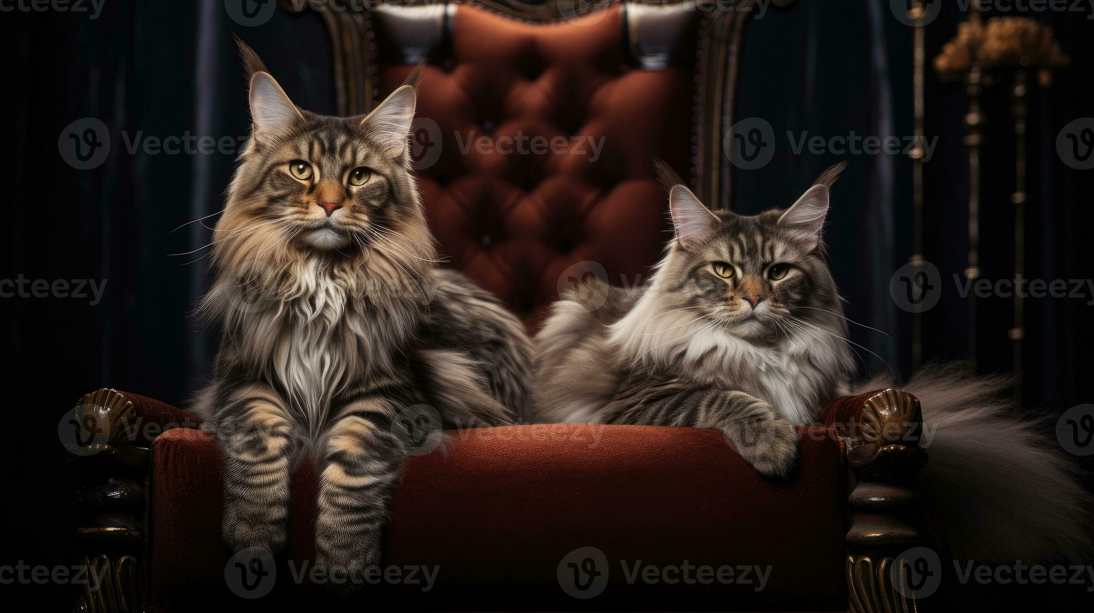 Two pedigreed purebred Maine Coon Cats at an exhibition of purebred ...
