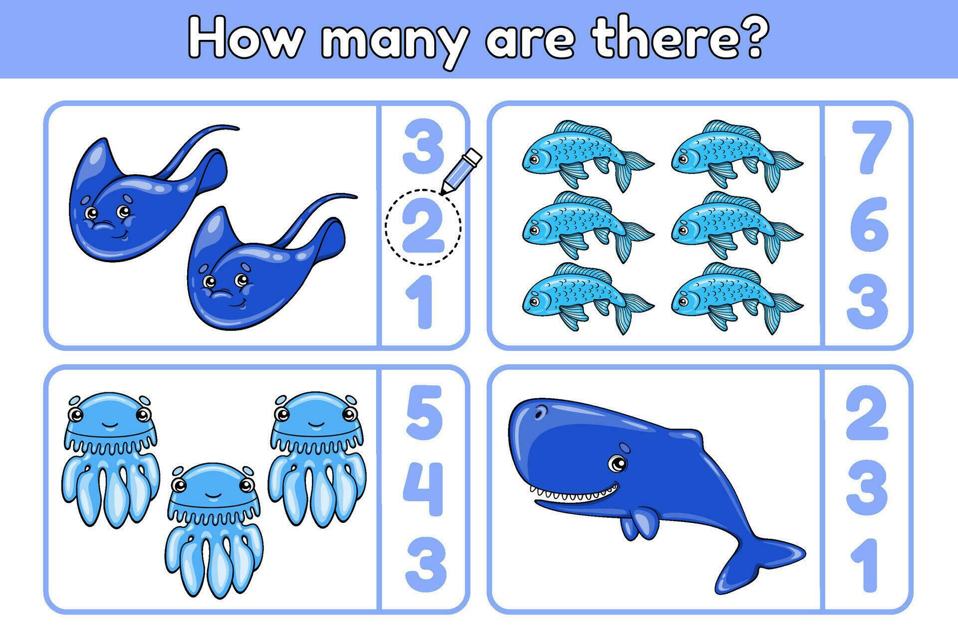 Educational math kids game with cartoon sea animals. Count and choose ...