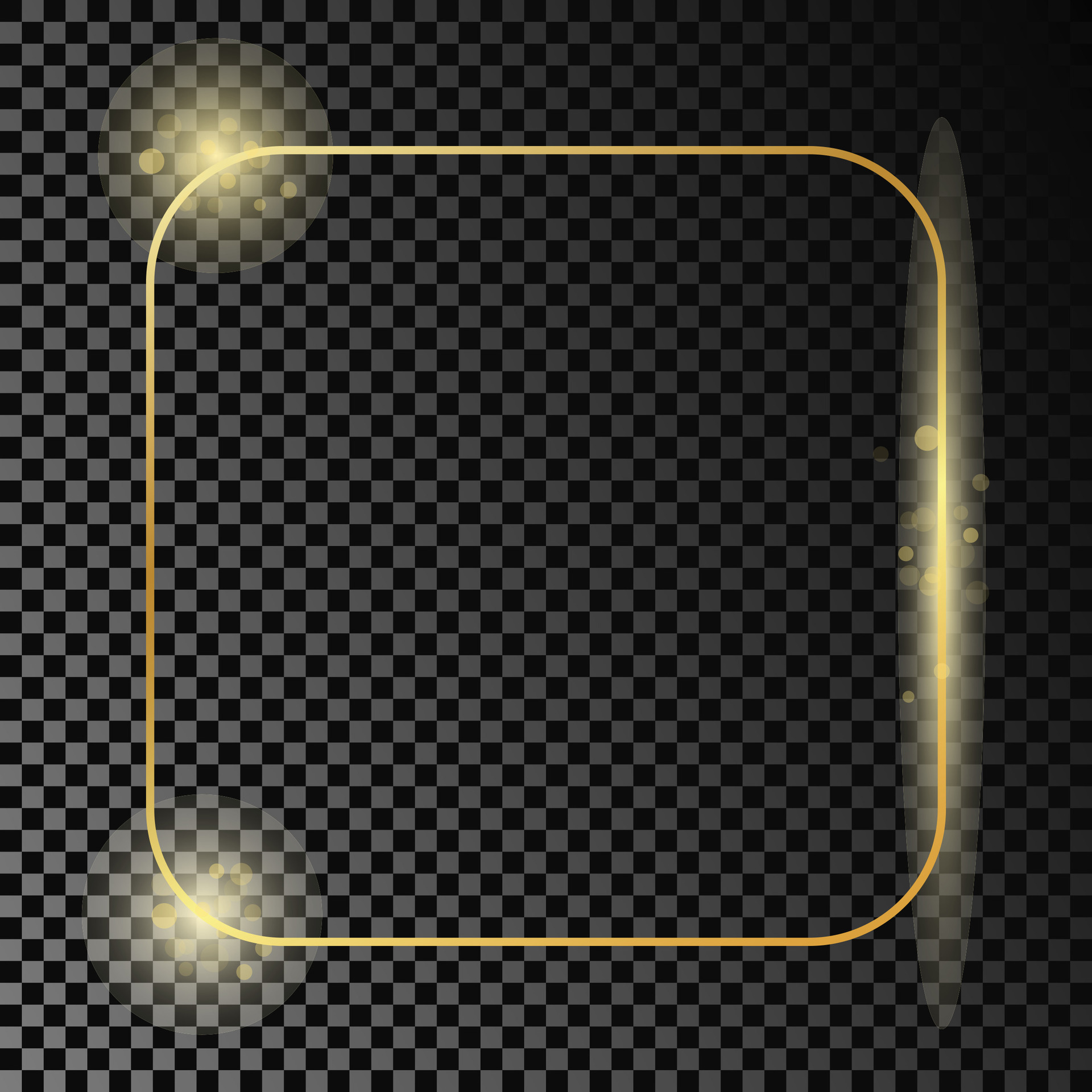 Gold glowing rounded square frame isolated on dark background. Shiny frame with glowing effects ...