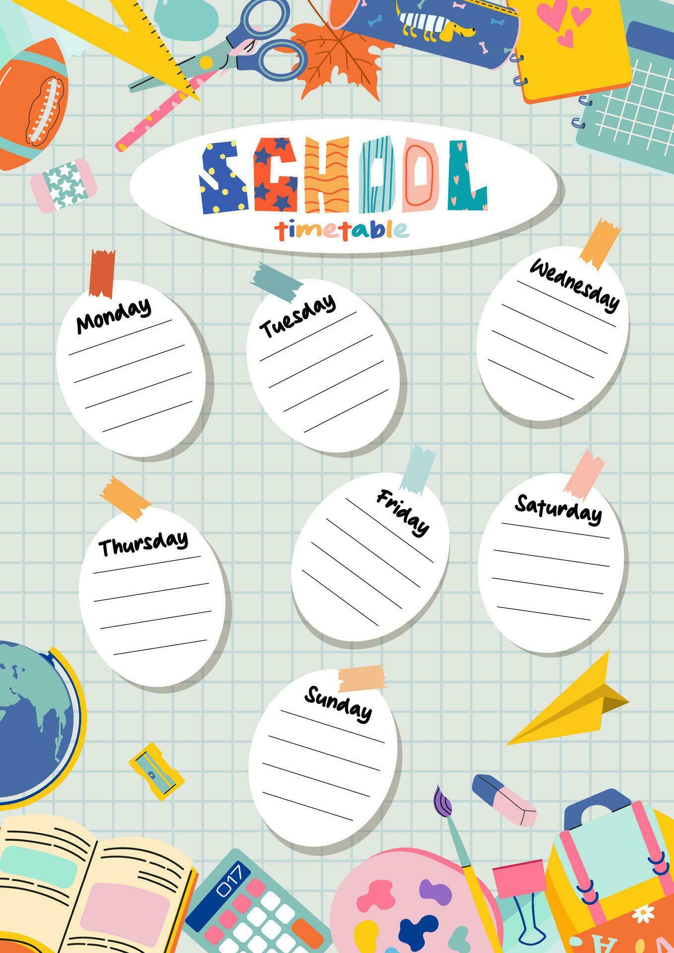 School timetable, weekly schedule vector template with cute stationery ...
