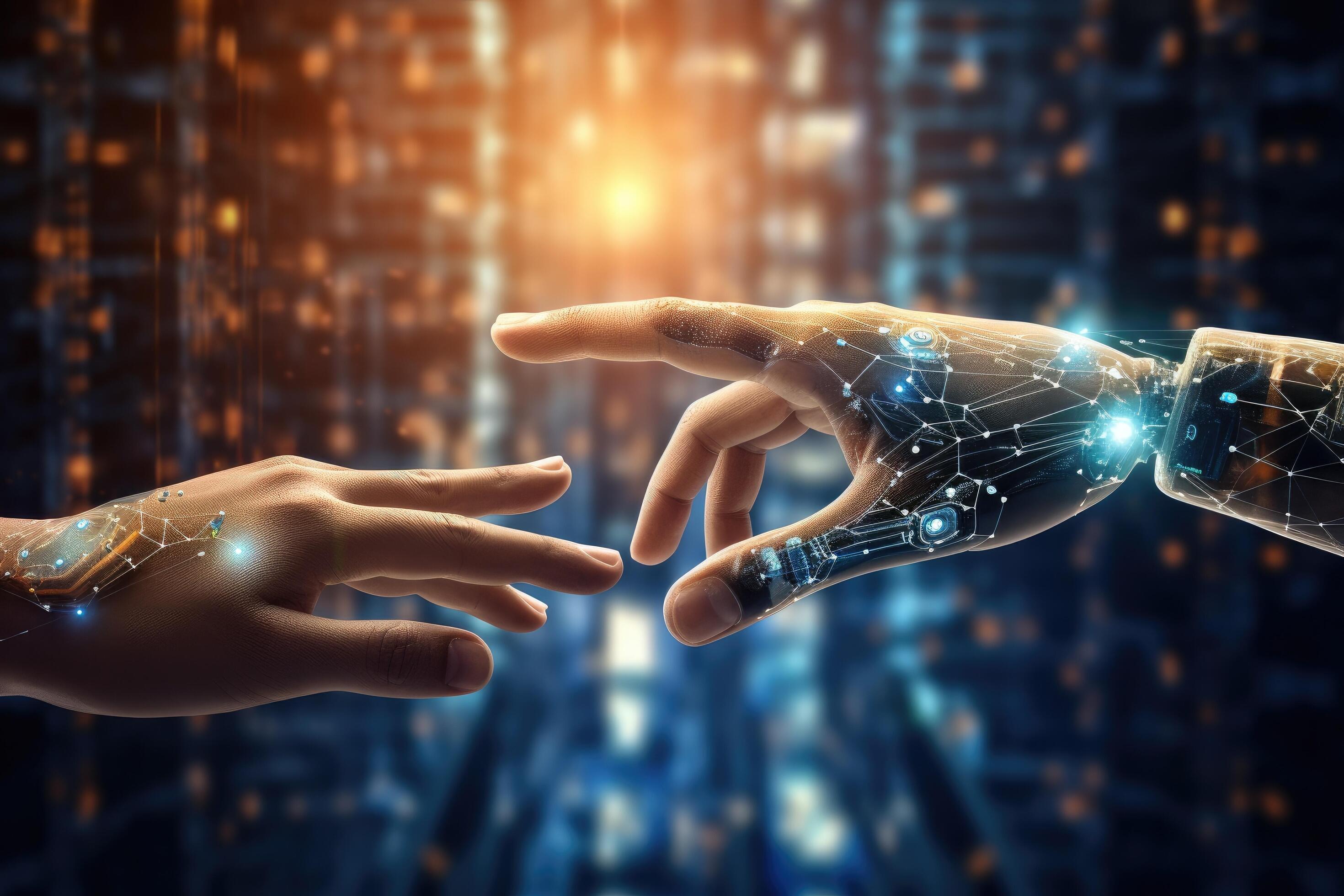 View of a Cyborg hand touching a technology interface 3d rendering, AI Machine learning Hands of ...