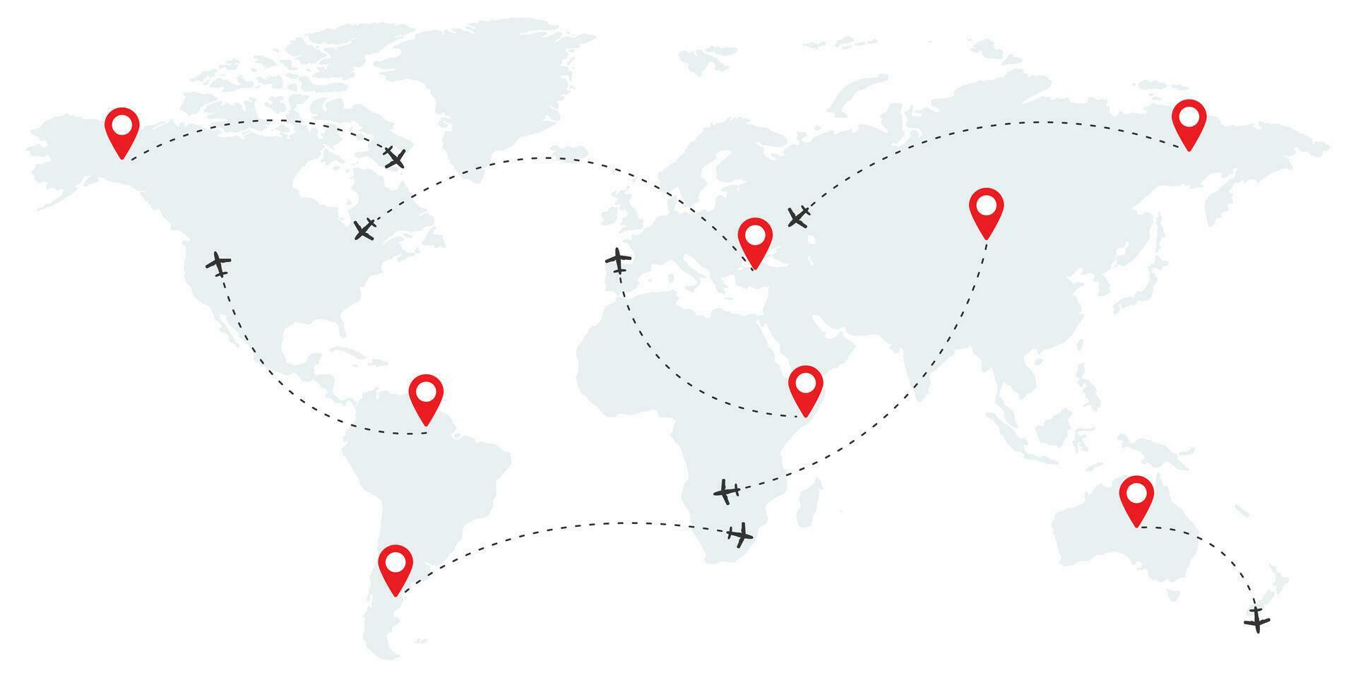 Airline route points. Plane flight with dashed path. Map of world ...