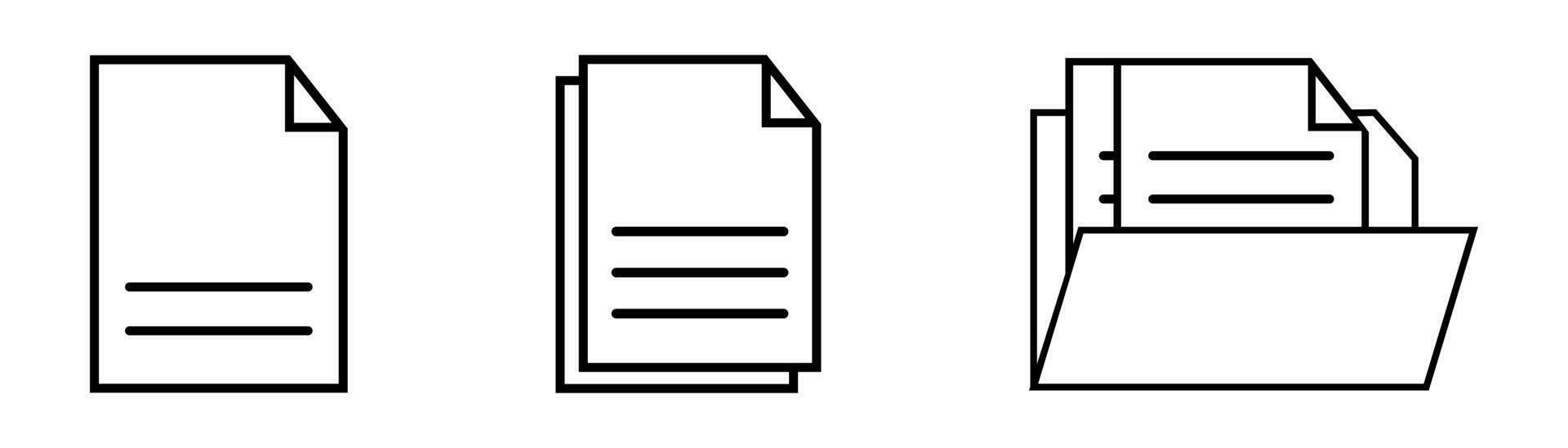 Document icons set. Outline file symbol in black. Paper file in folder ...