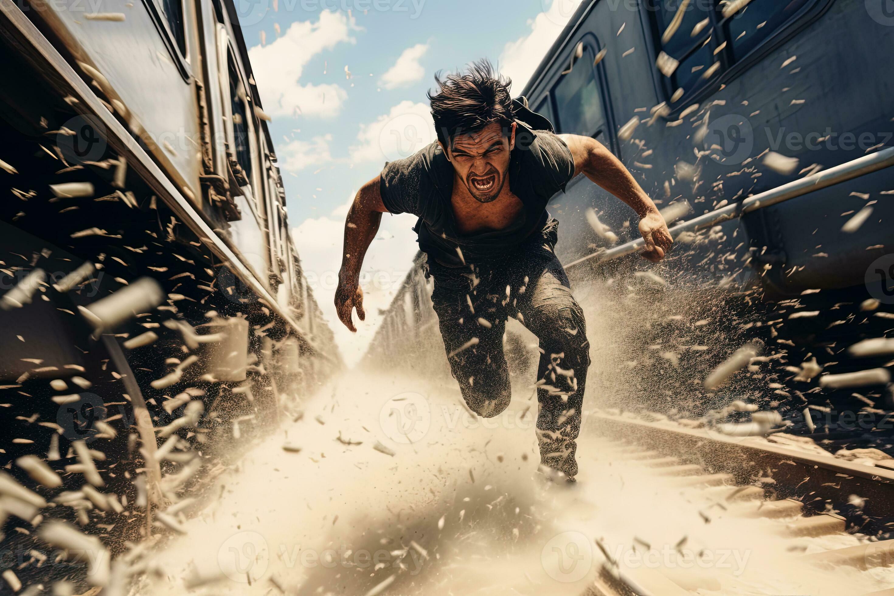 Action Shot With Man On The Run Dynamic Scene In Action Movie