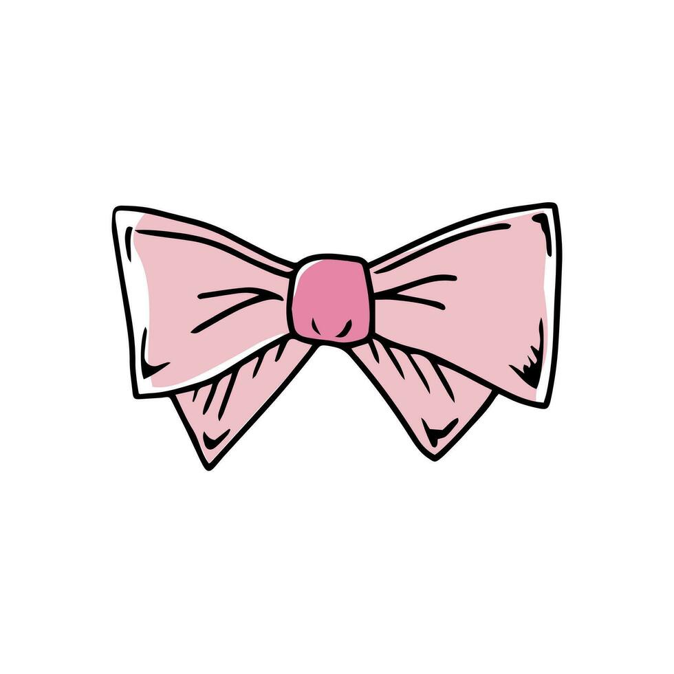 Bow in doodle style on a white background. Festive concept. Hand drawn vector colored outline ...